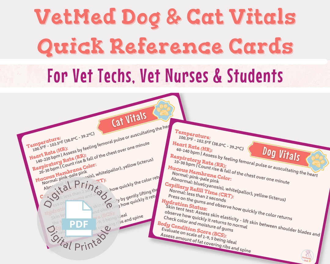 Vet Med Quick Reference Cards Dog & Cat Vitals | for Vet Nurses, Vet ...