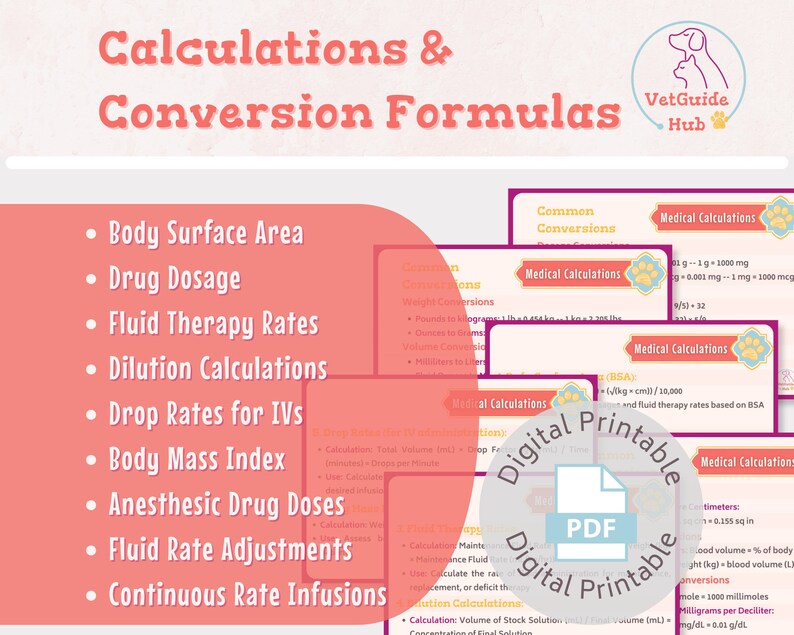 Vet Med Math Calculation Quick Reference Guide | for Vet Nurses, Vet ...