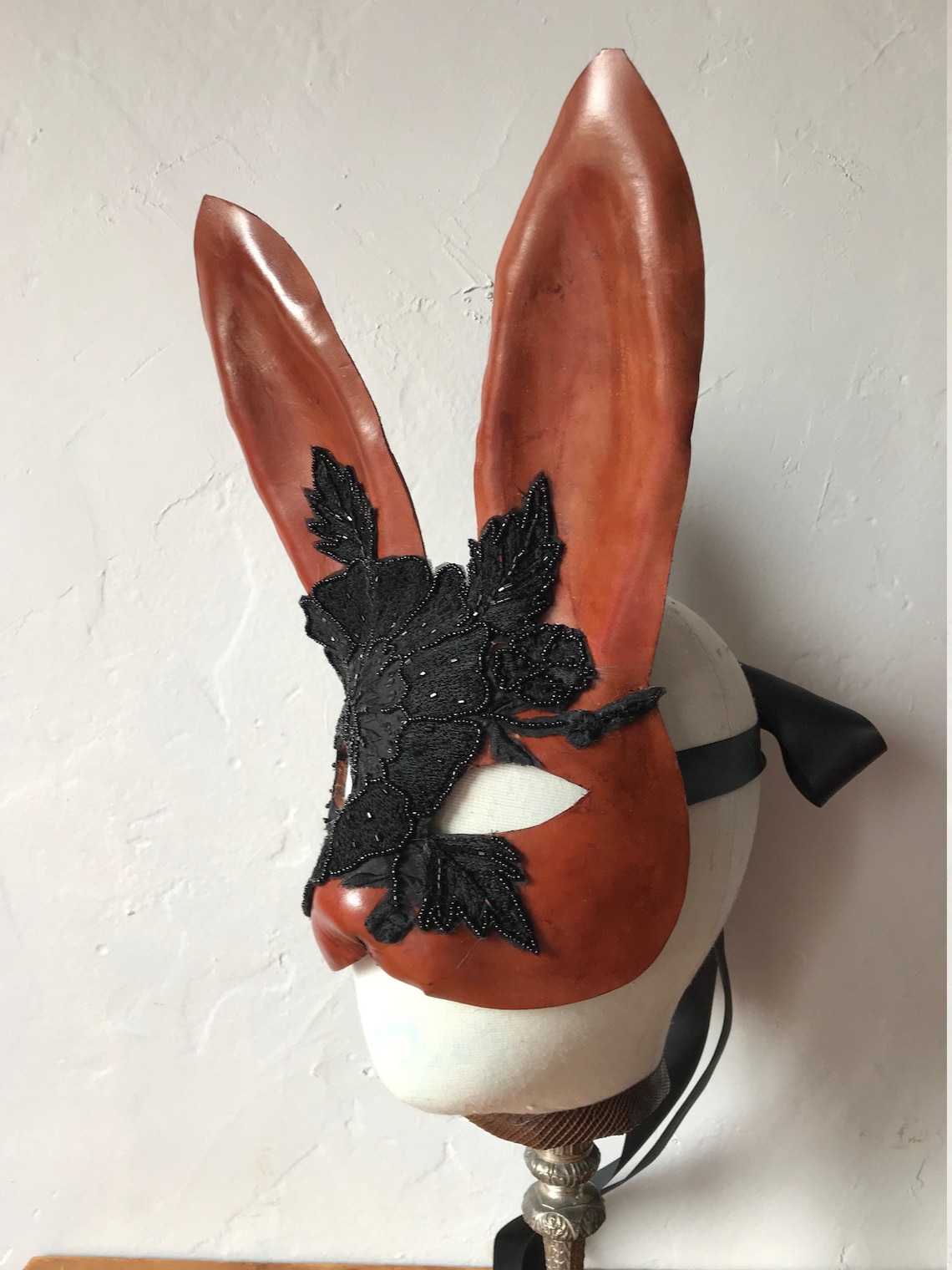 Brown Bunny Mask Tan Leather & Black Beaded Lace Flower - Etsy
