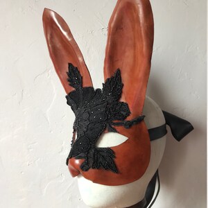 Brown Bunny Mask - Tan Leather & Black Beaded Lace Flower Rabbit Mask ...