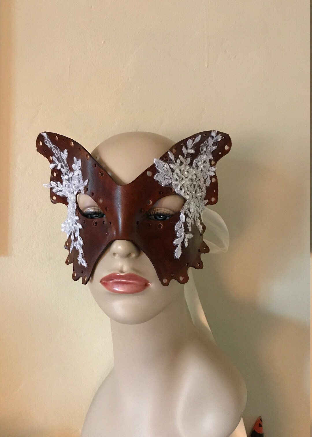 Tan Butterfly Mask - Leather & Ivory Silk Lace Dark Fairy Mask - Moth ...