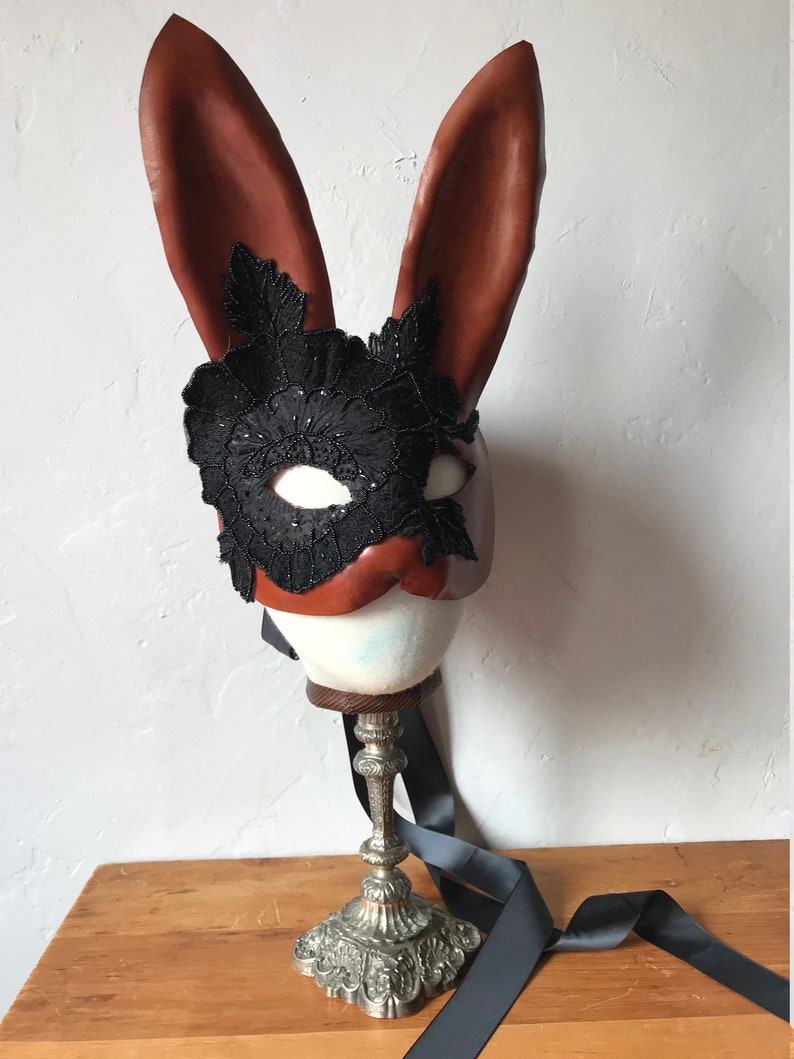 Brown Bunny Mask Tan Leather & Black Beaded Lace Flower - Etsy