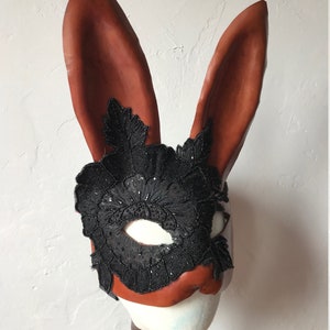 Brown Bunny Mask - Tan Leather & Black Beaded Lace Flower Rabbit Mask ...