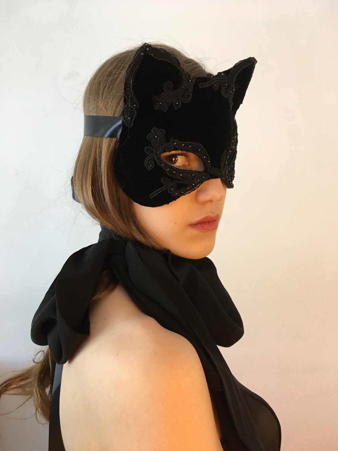 Black Magic Kitty Mask black Silk Velvet Cat Mask With Beaded - Etsy