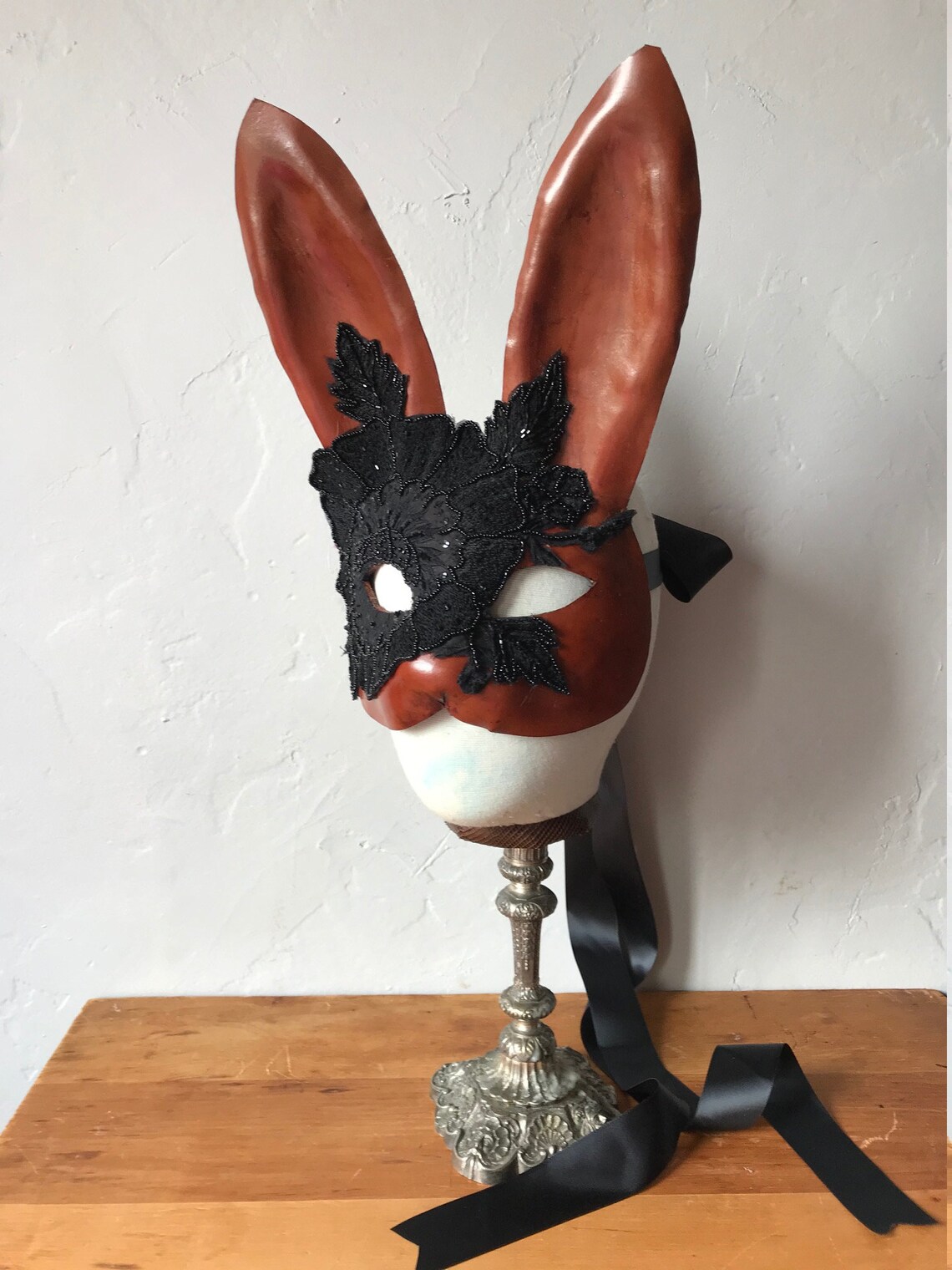 Brown Bunny Mask Tan Leather & Black Beaded Lace Flower - Etsy