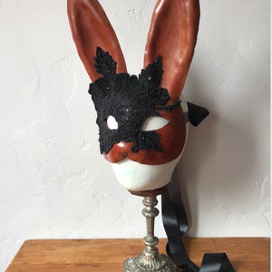 Brown Bunny Mask - Tan Leather & Black Beaded Lace Flower Rabbit Mask ...