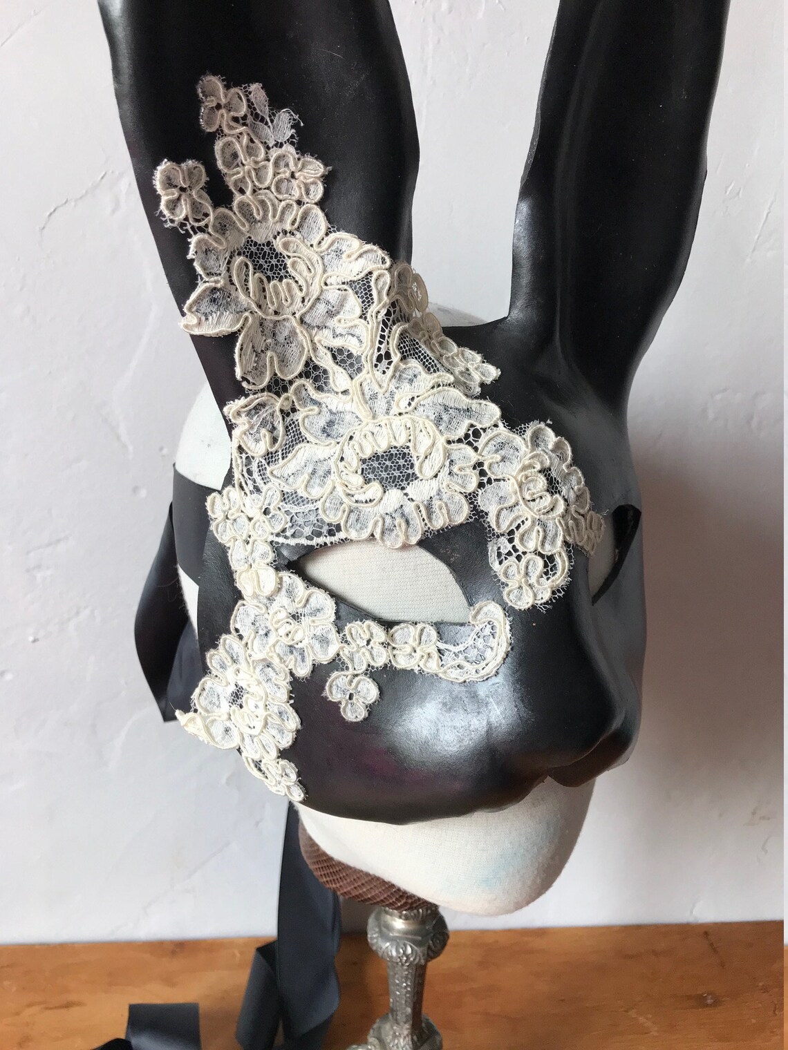 Black Bunny Mask Leather & Cream Silk Lace Flower Rabbit - Etsy
