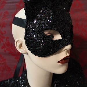 Midnight Kitty Black Sequined Kitty Cat Mask With Silk Lace Detail Sexy ...