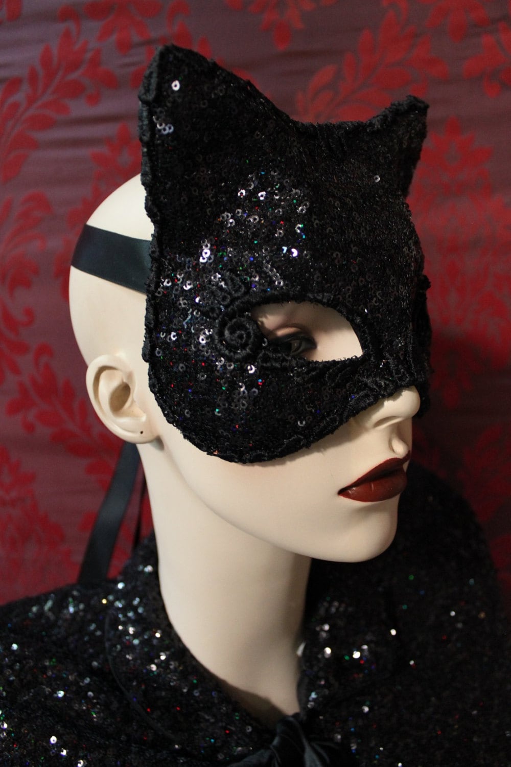 Midnight Kitty Black Sequined Kitty Cat Mask With Silk Lace | Etsy