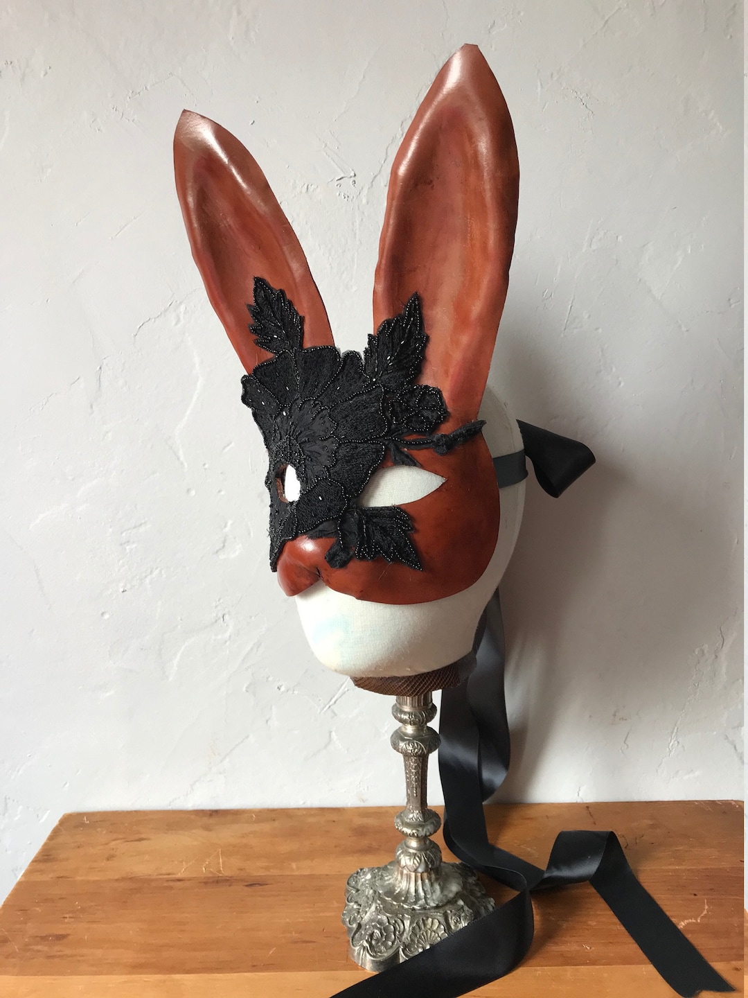Brown Bunny Mask - Tan Leather & Black Beaded Lace Flower Rabbit Mask ...