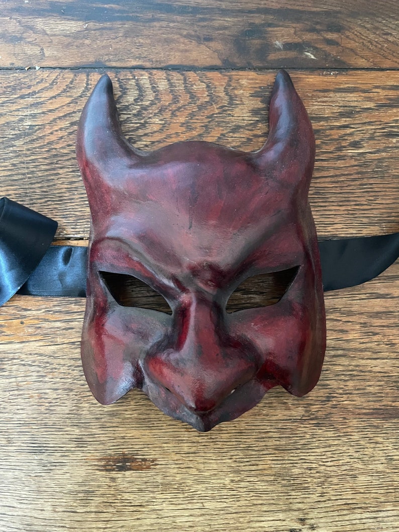 Saucy Devil - Red and Black Leather Horned Devil Half Face Mask With ...