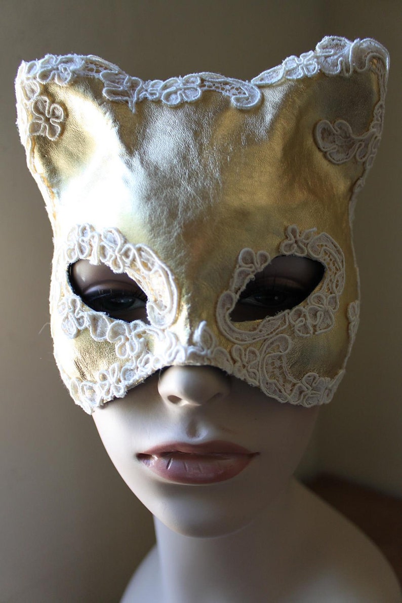 Gold Cat Mask Metallic Gold Leather and Silk Lace Kitty Mask | Etsy