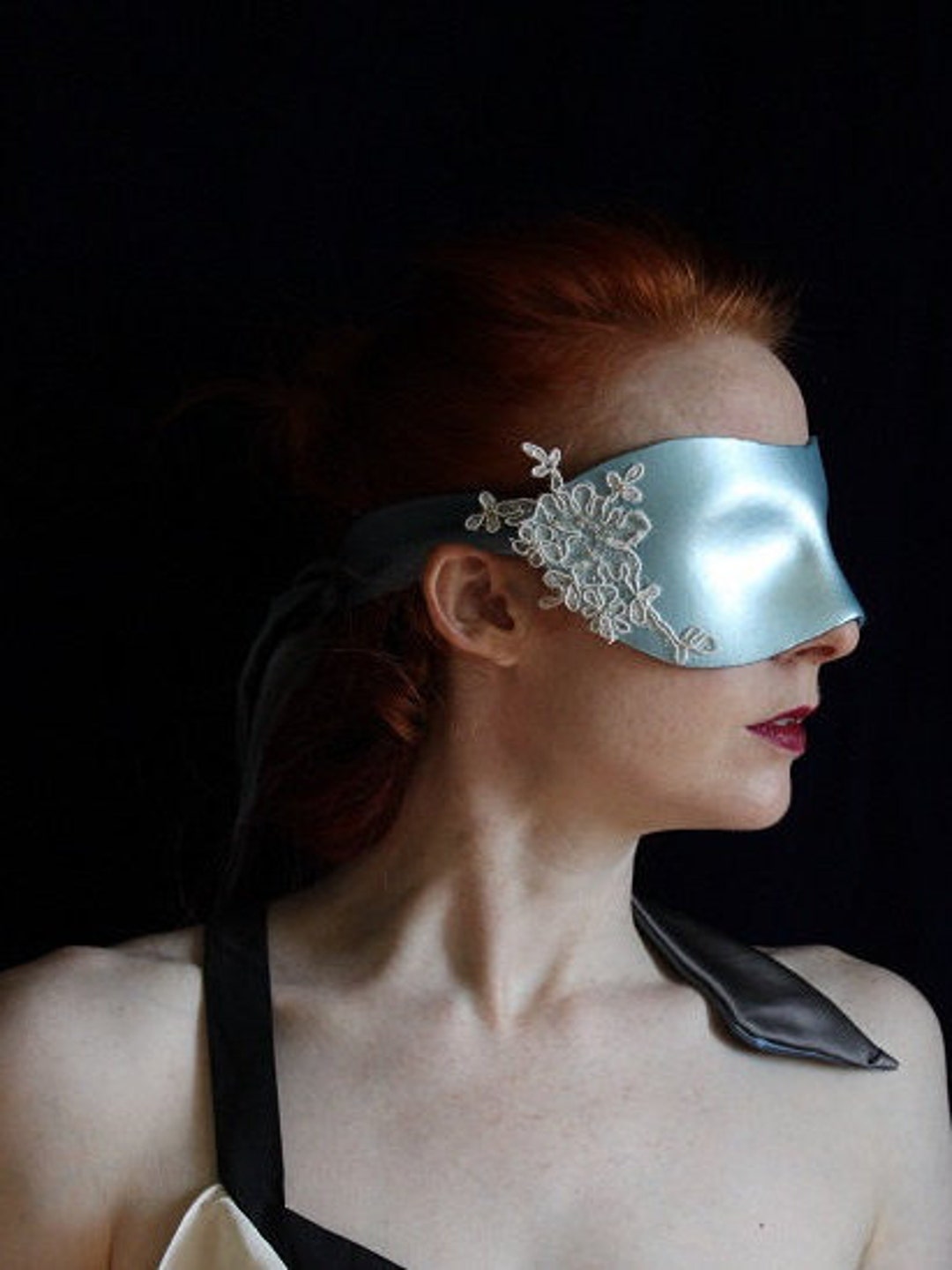 Hand Molded Leather Blindfold Pearly Blue Leather Coquette Mask With Beaded Lace And Long Silk