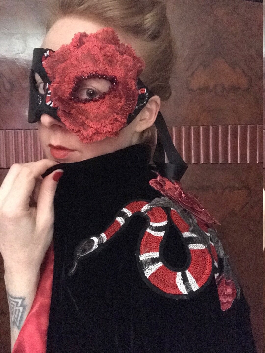 Snake in the Rose Garden Embroidered Silk Snake & Beaded Rose on Hand ...