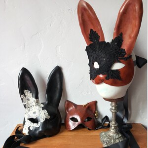 Brown Bunny Mask Tan Leather & Black Beaded Lace Flower Rabbit Mask ...