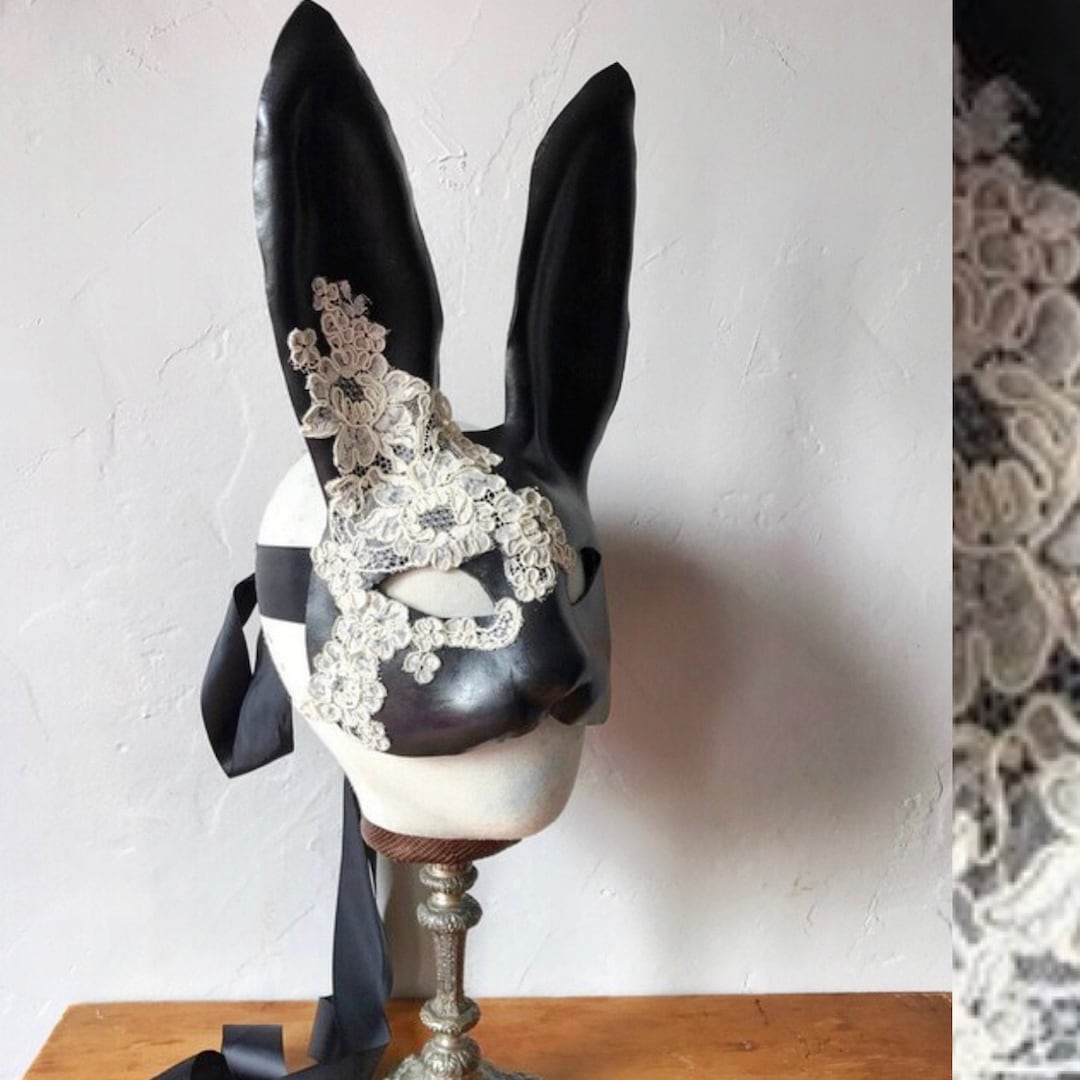 Black Bunny Mask - Leather & Cream Silk Lace Flower Rabbit Mask ...