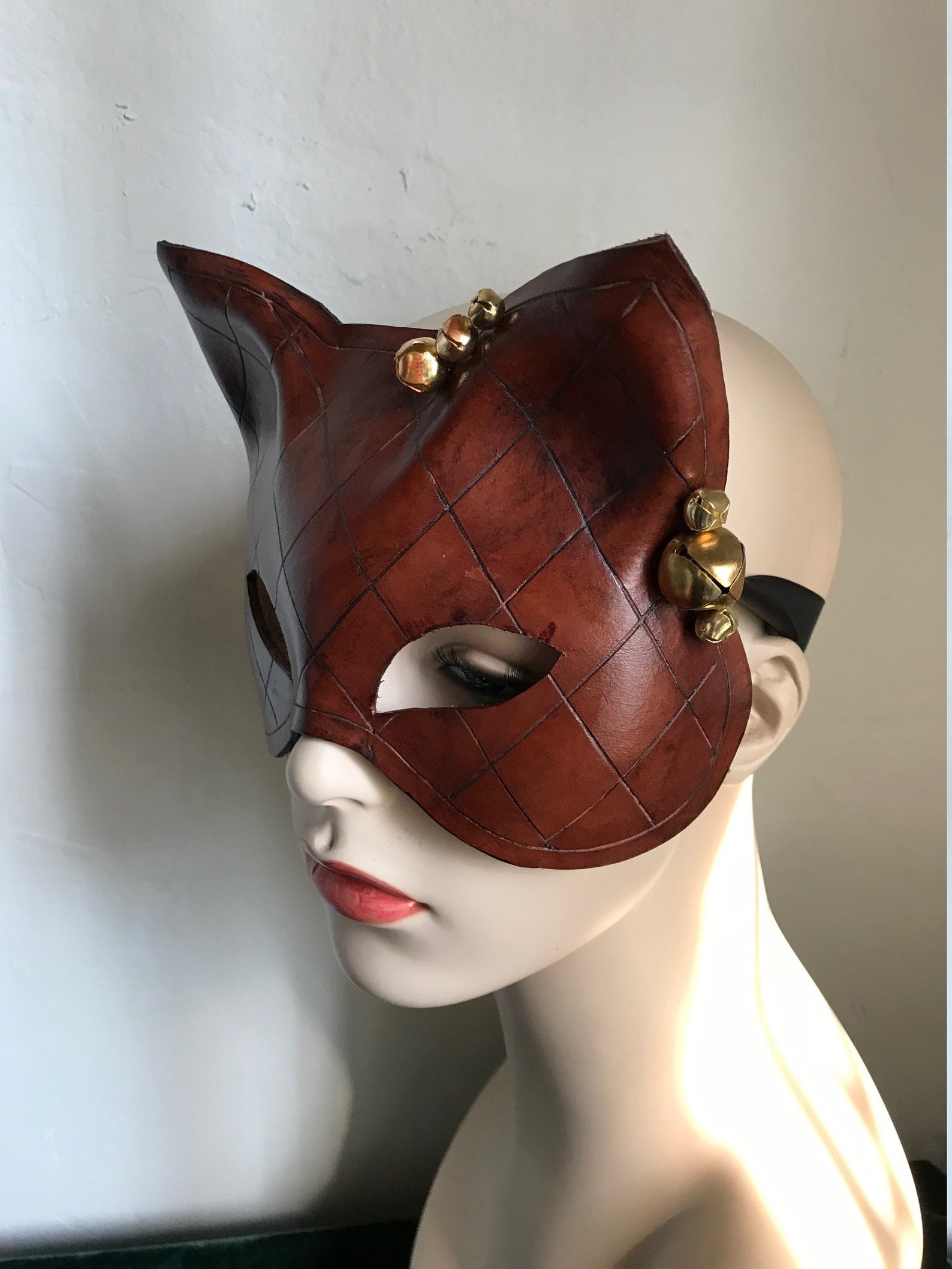 Folklore Kitty - Hand Carved Tan Leather Cat Mask With Vintage Brass ...