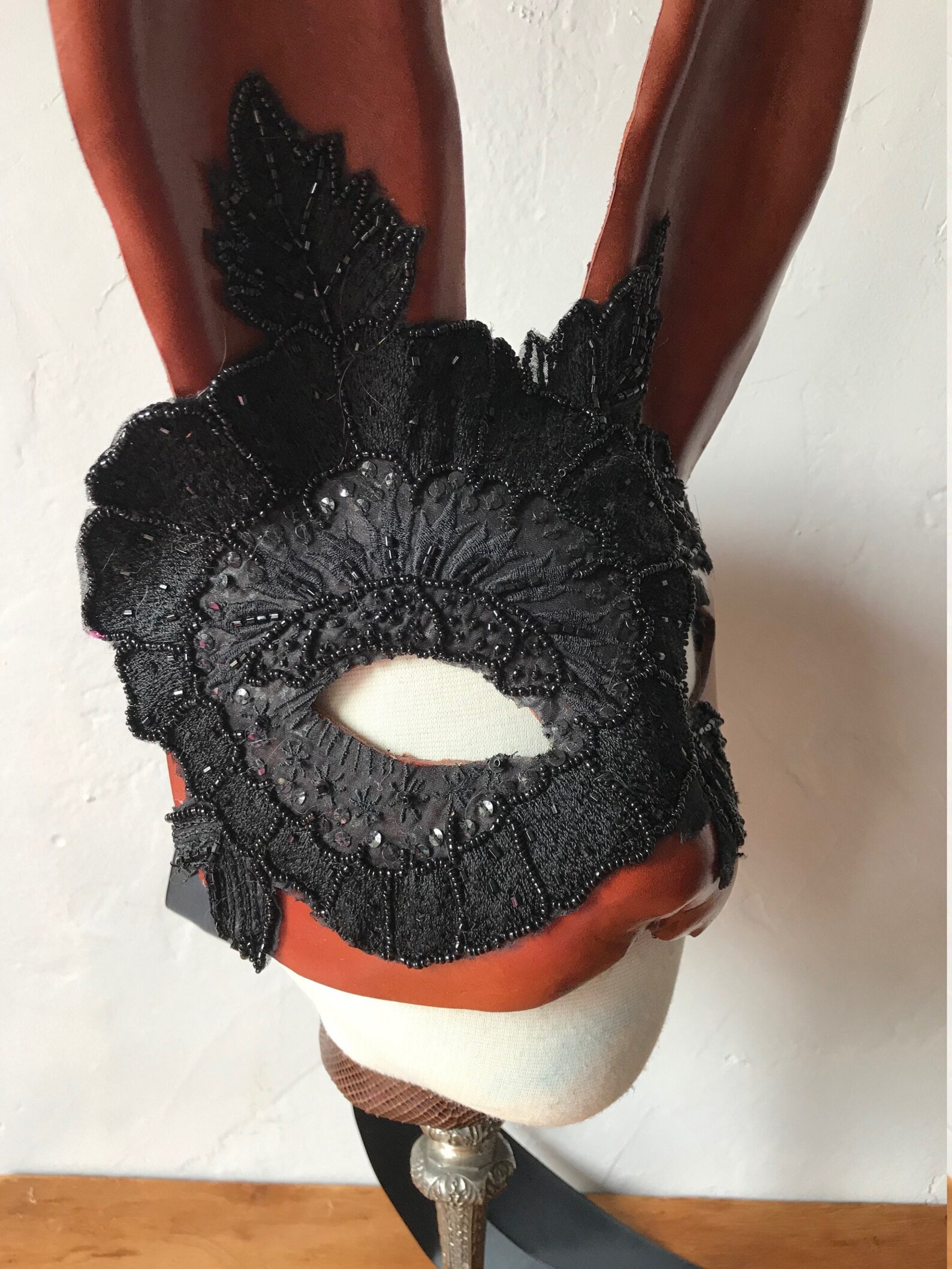 Brown Bunny Mask Tan Leather & Black Beaded Lace Flower - Etsy
