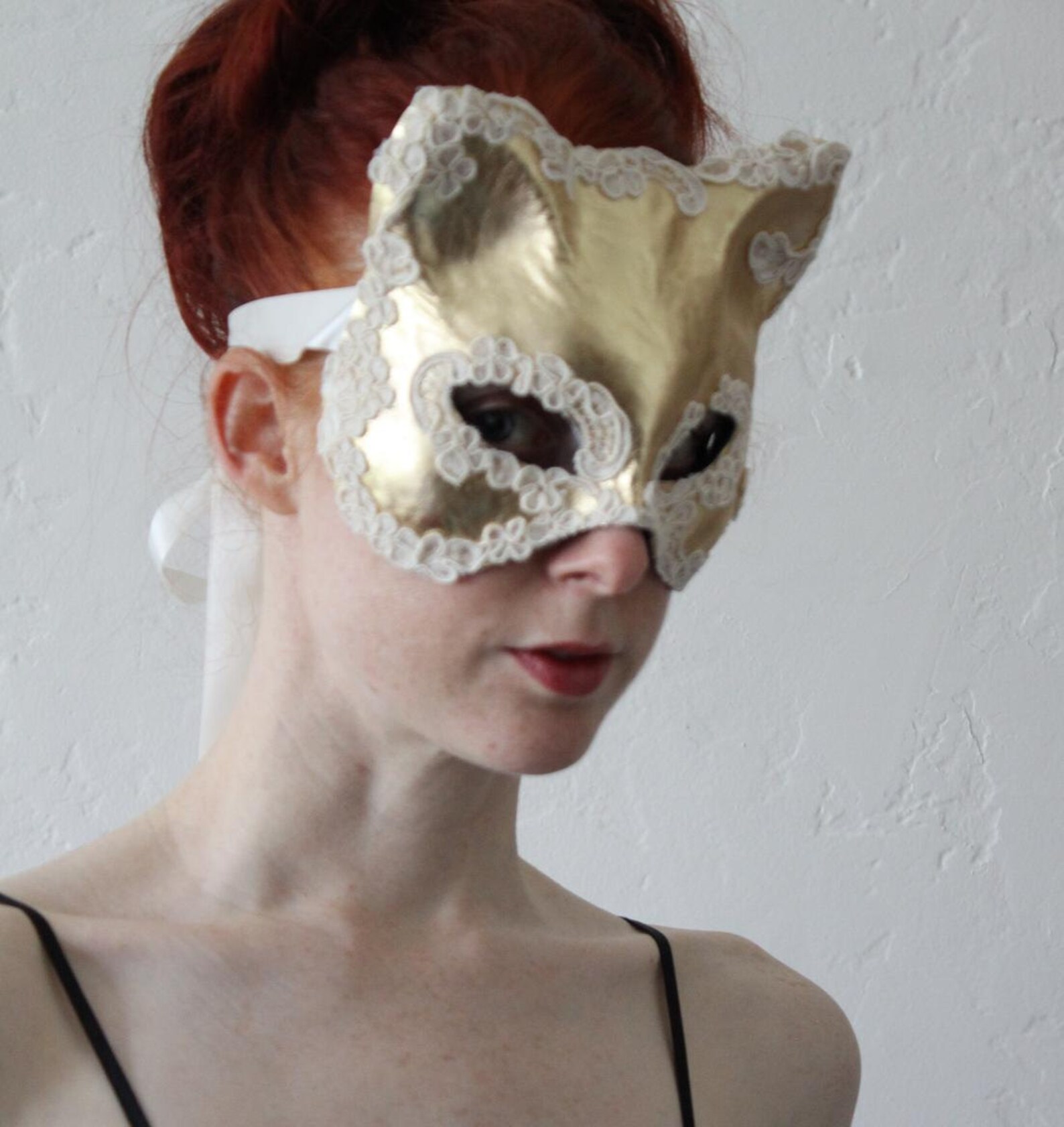 Gold Cat Mask Metallic Gold Leather and Silk Lace Kitty Mask - Etsy