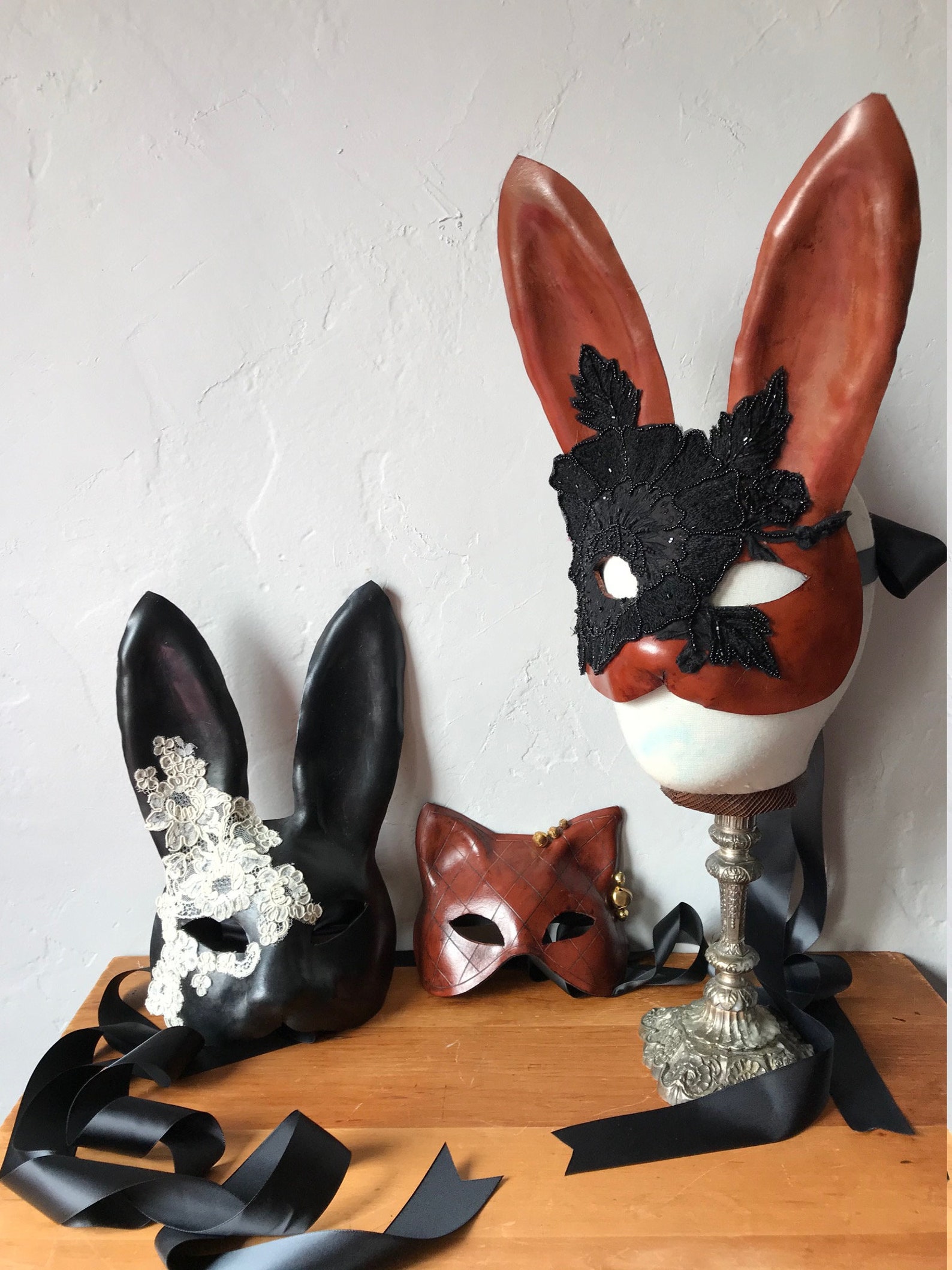 Black Bunny Mask Leather & Cream Silk Lace Flower Rabbit - Etsy