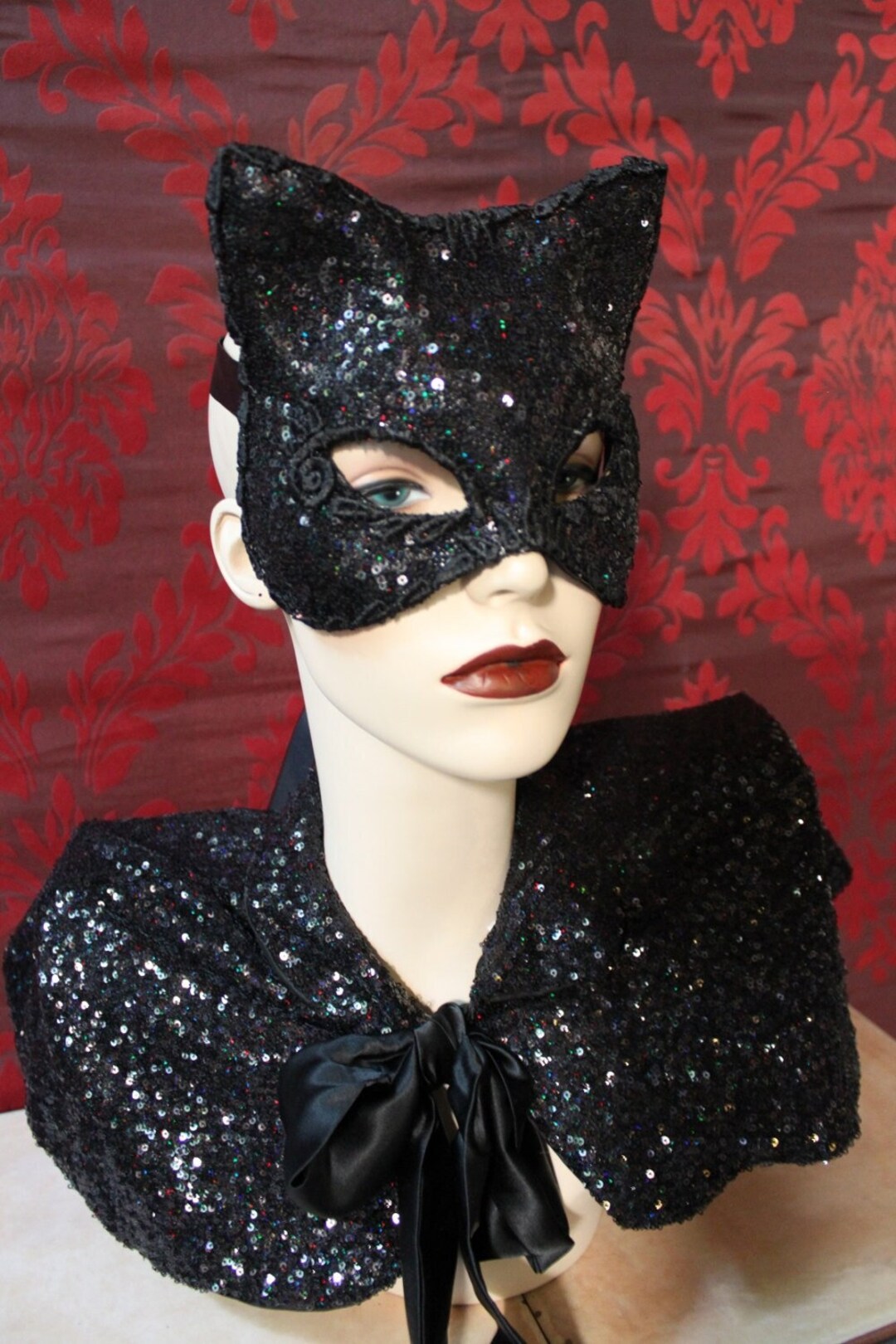 Midnight Kitty Black Sequined Kitty Cat Mask With Silk Lace Detail Sexy ...