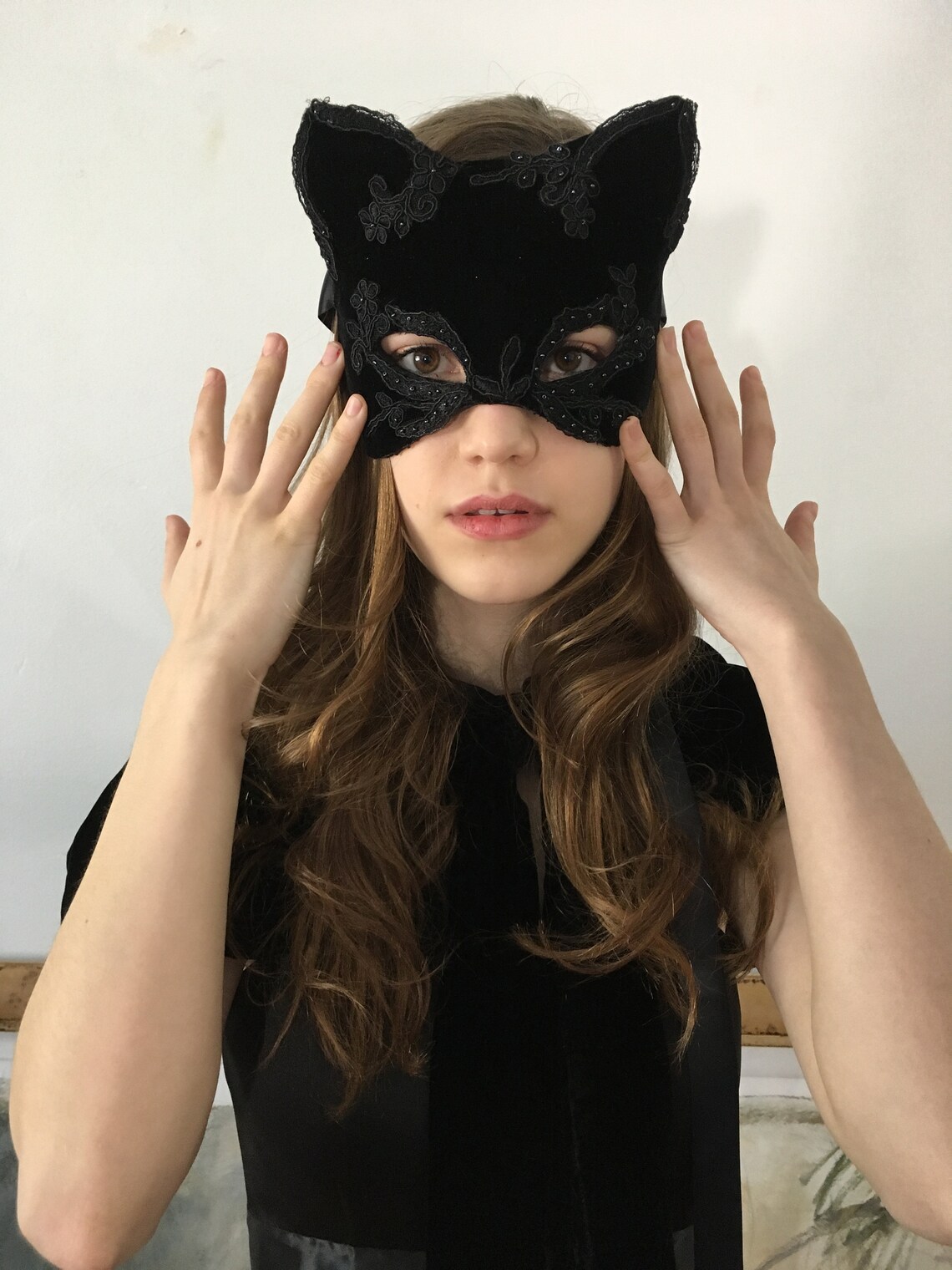 Black Magic Kitty Mask ~black Silk Velvet Cat Mask With Beaded Silk ...