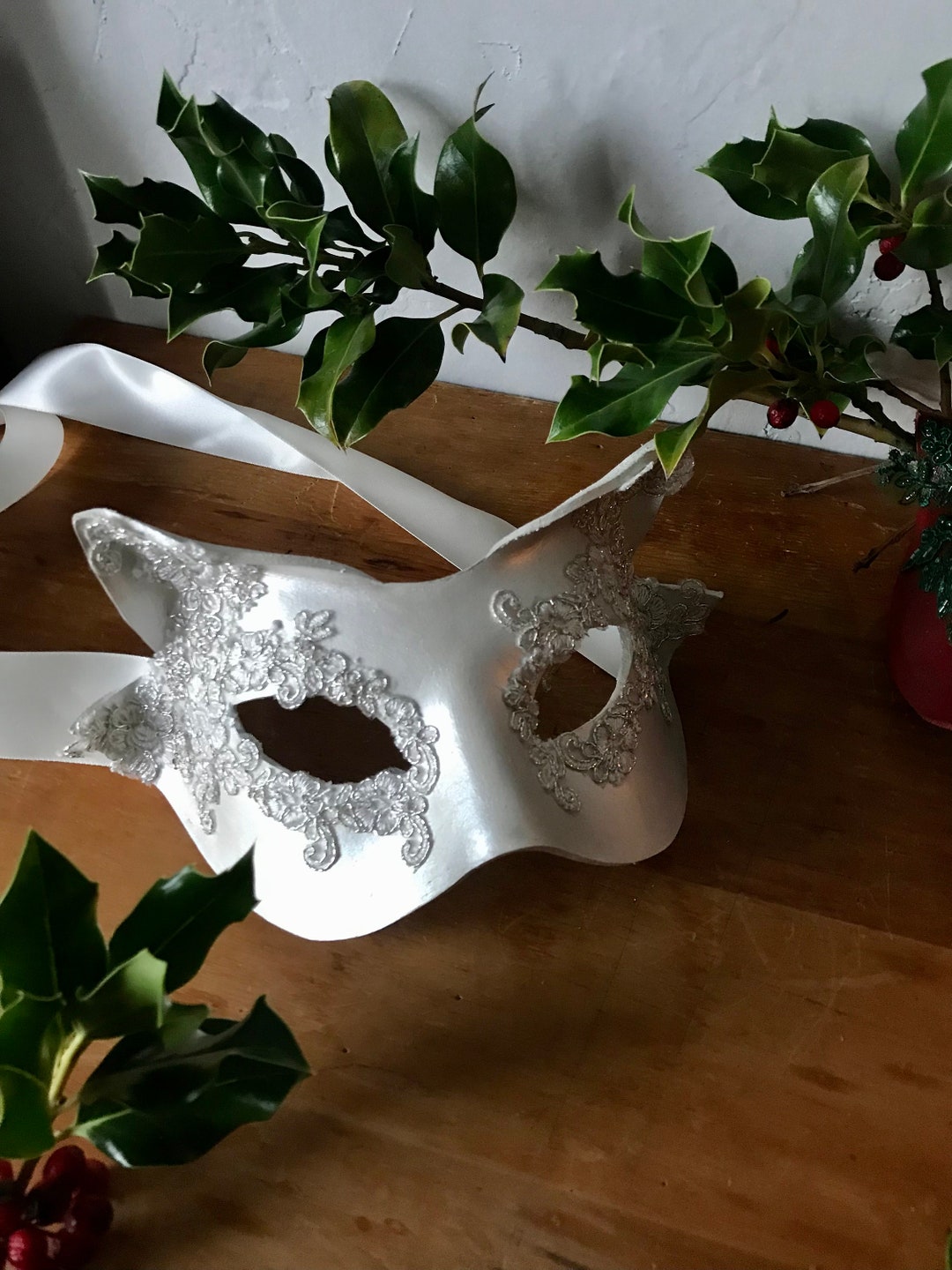 White Winter Fox Mask Pearly Leather & Lace Wild Animal Mask Kitsune ...