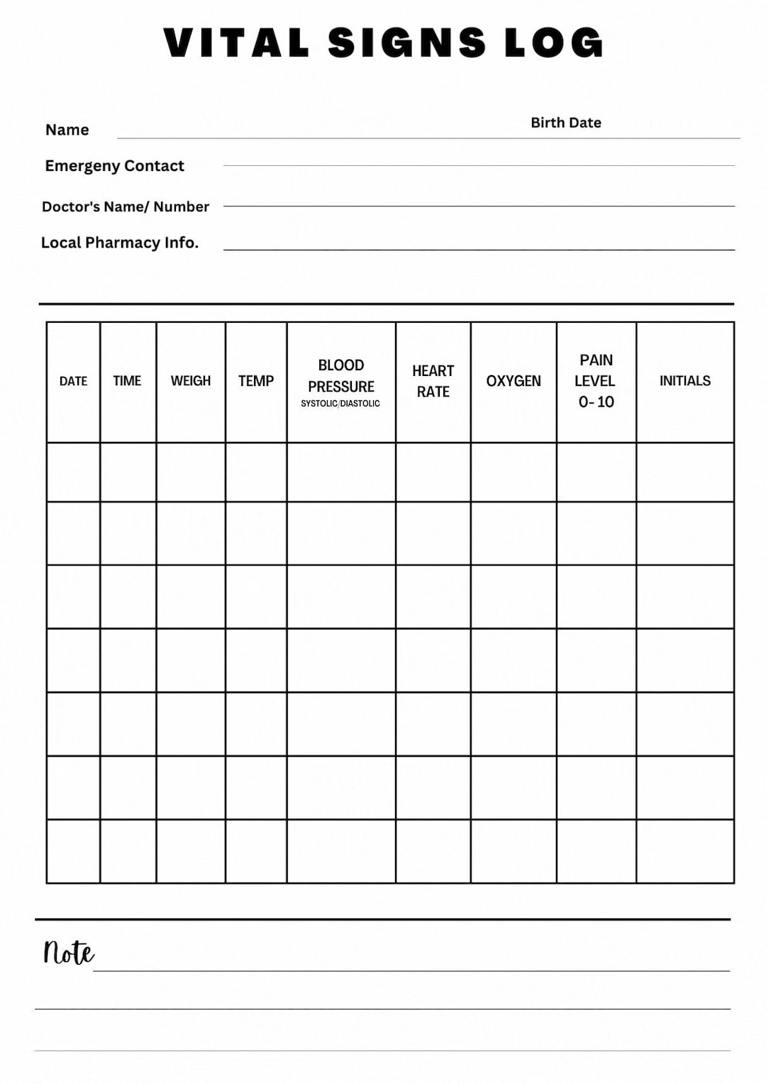 Printable Vital Sign Sheet - Etsy