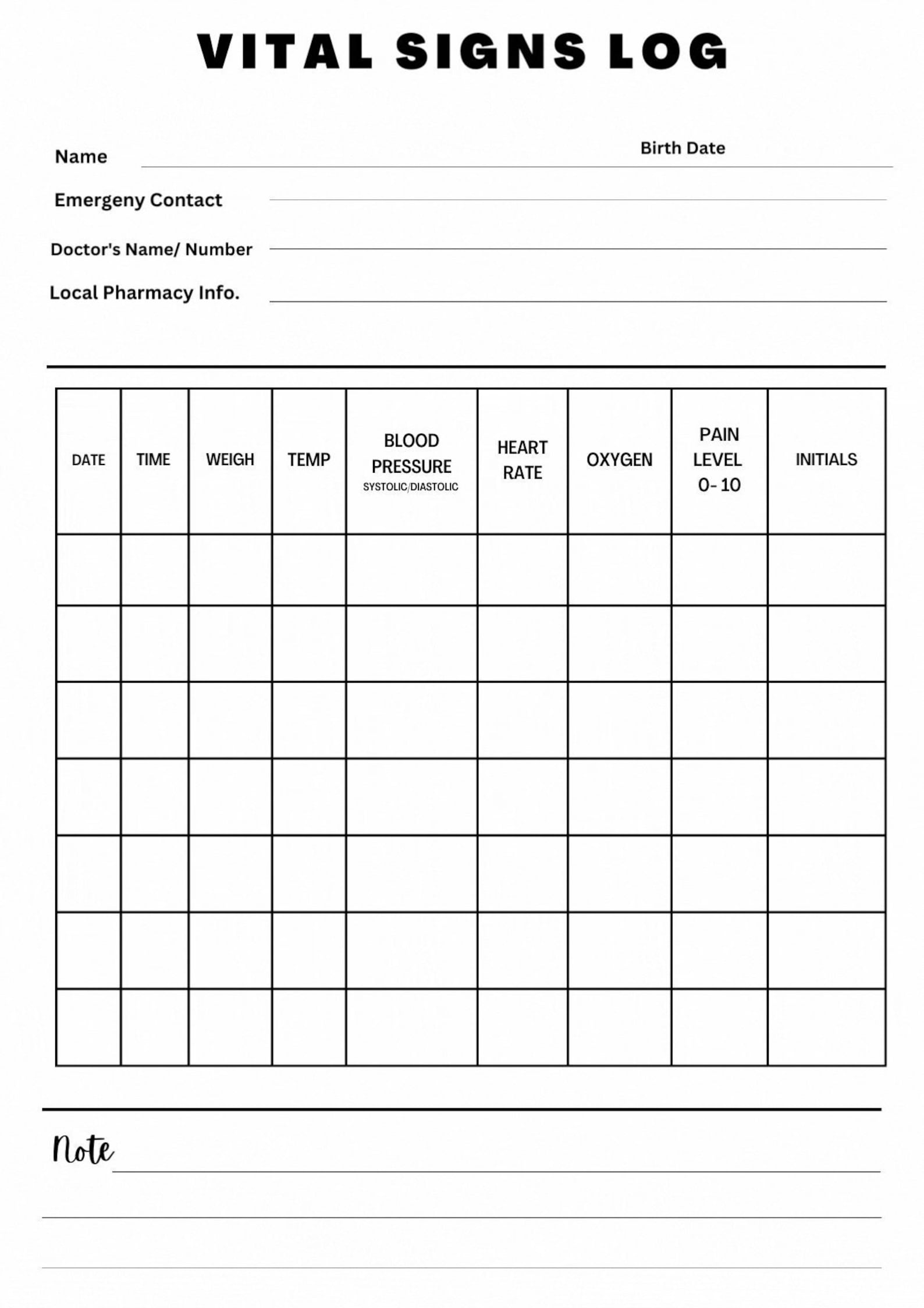 Printable Vital Sign Sheet - Etsy