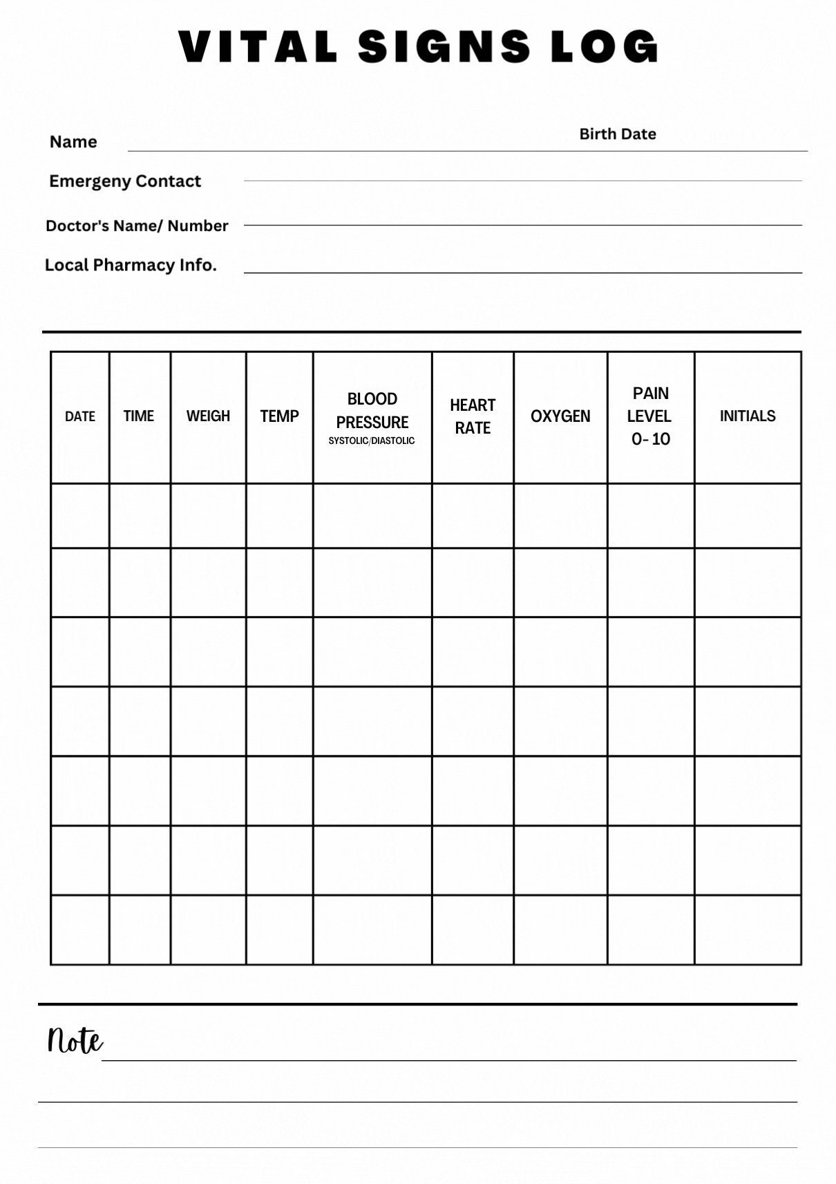 Printable Vital Sign Sheet - Etsy