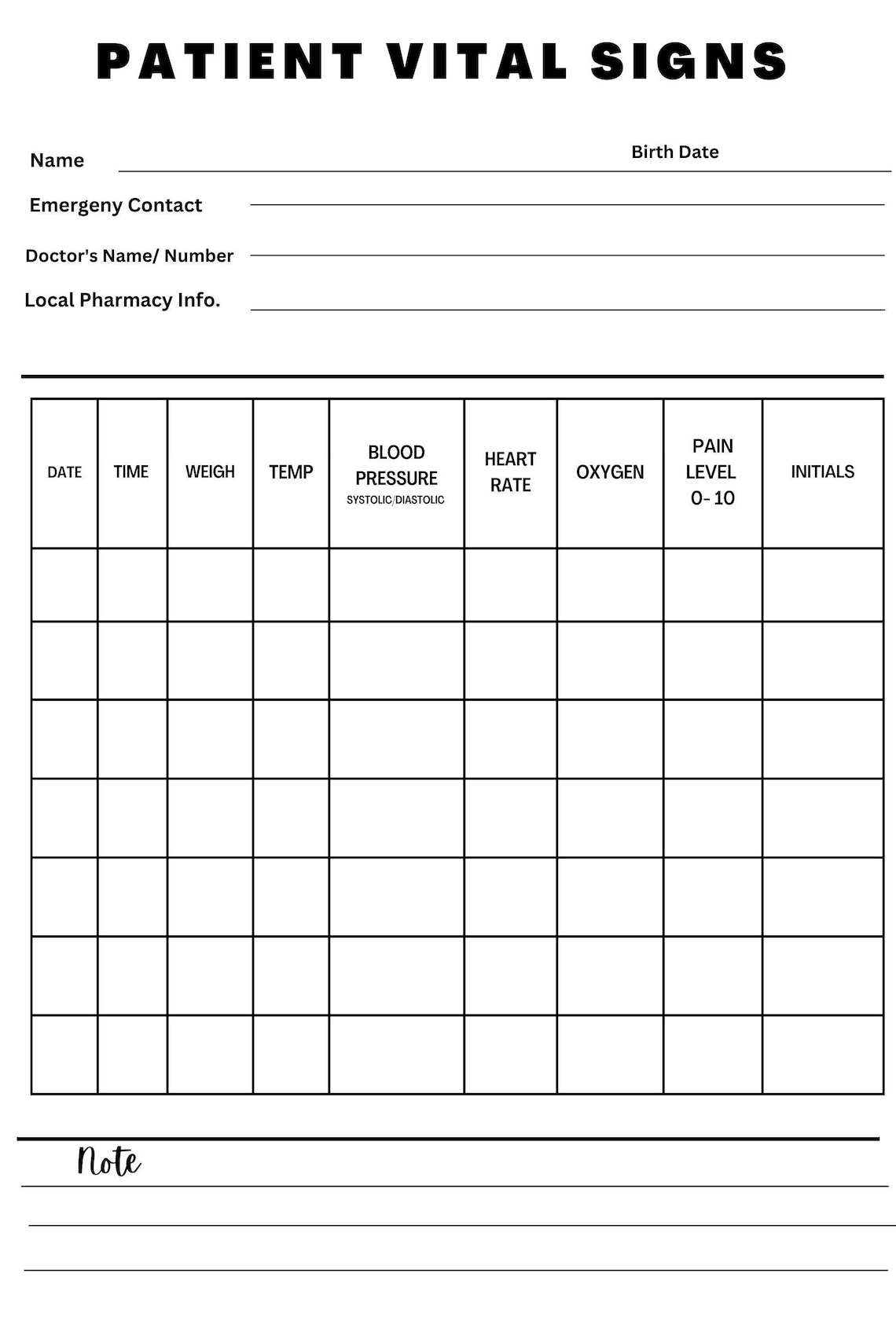 Printable Vital Sign Sheet - Etsy