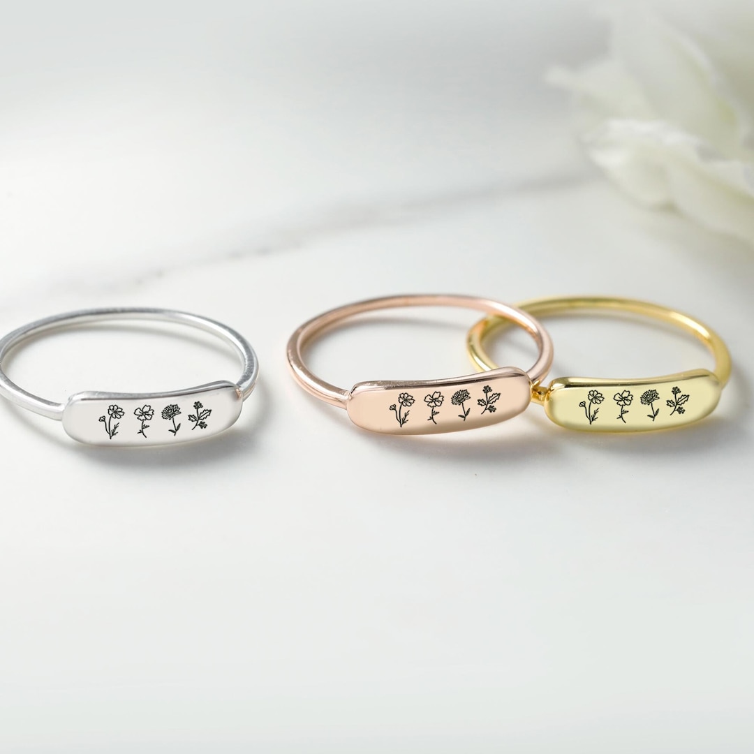 Personalized Birth Flower Ring, Custom Engraved Ring, Family Floral ...
