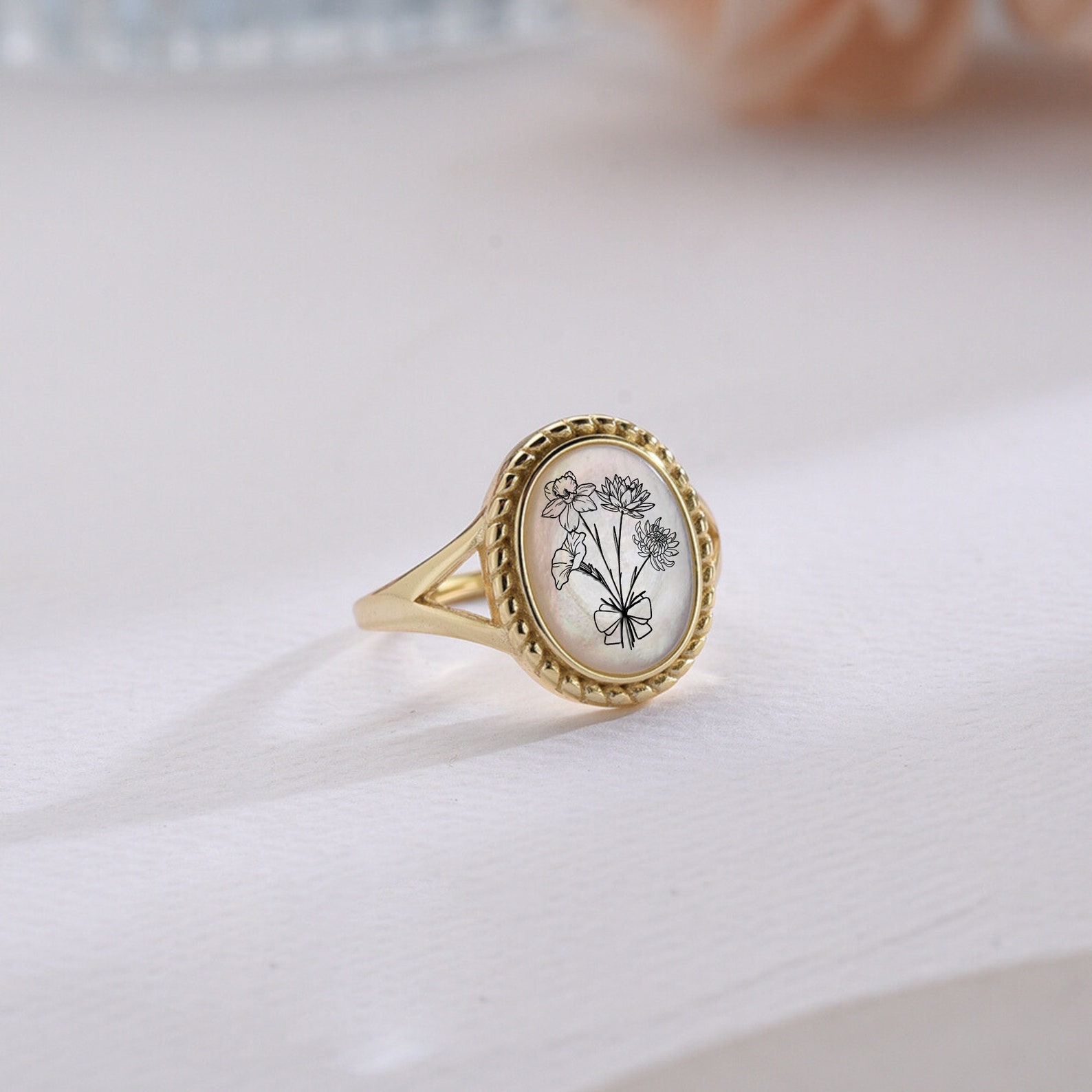 Personalized Birth Flower Ring, Custom Birth Month Flower Ring, Floral ...