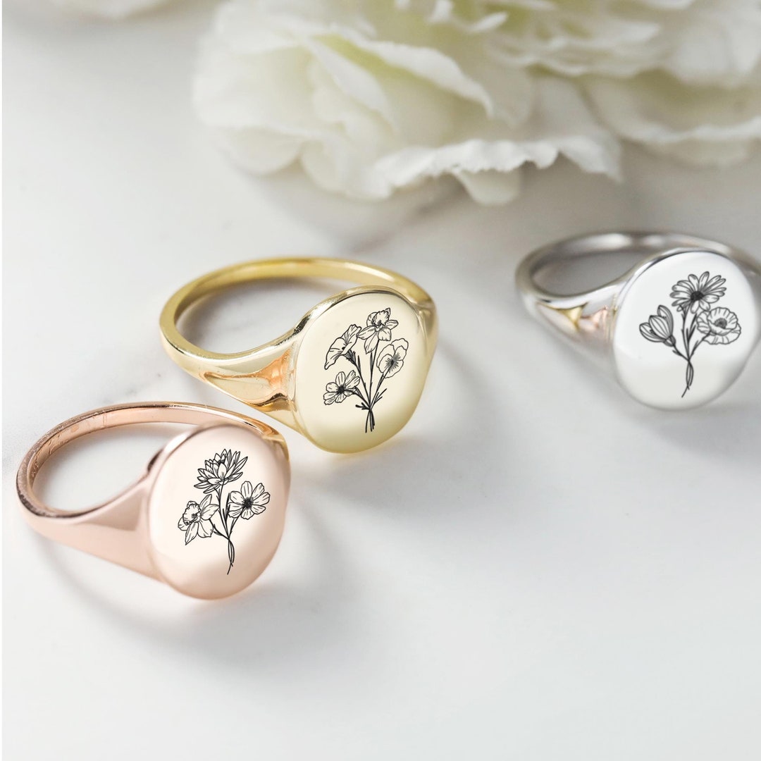 Personalized Birth Month Flower Ring: Engraved Sterling Silver Floral ...