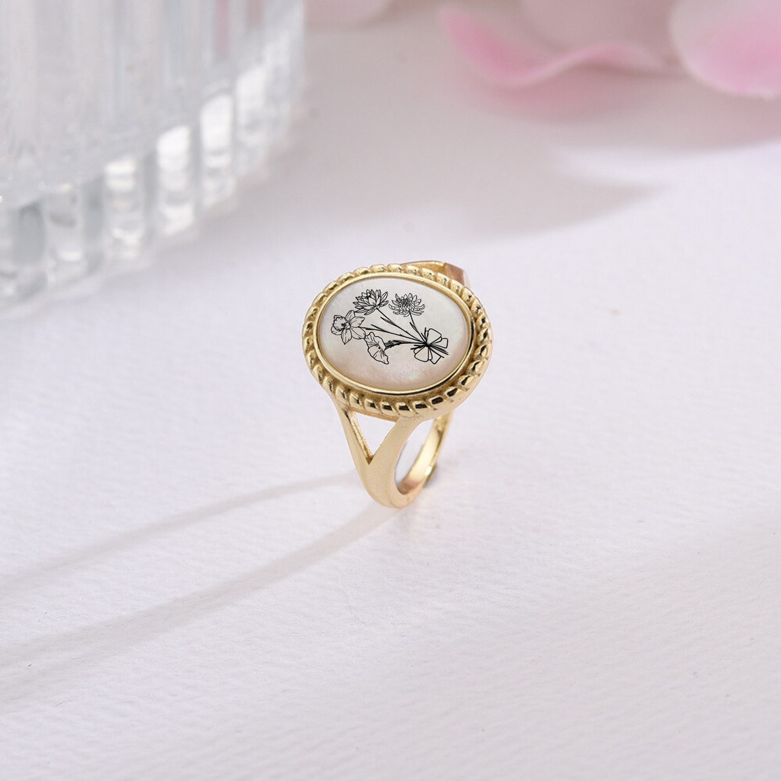 Personalized Birth Flower Ring, Custom Birth Month Flower Ring, Floral ...