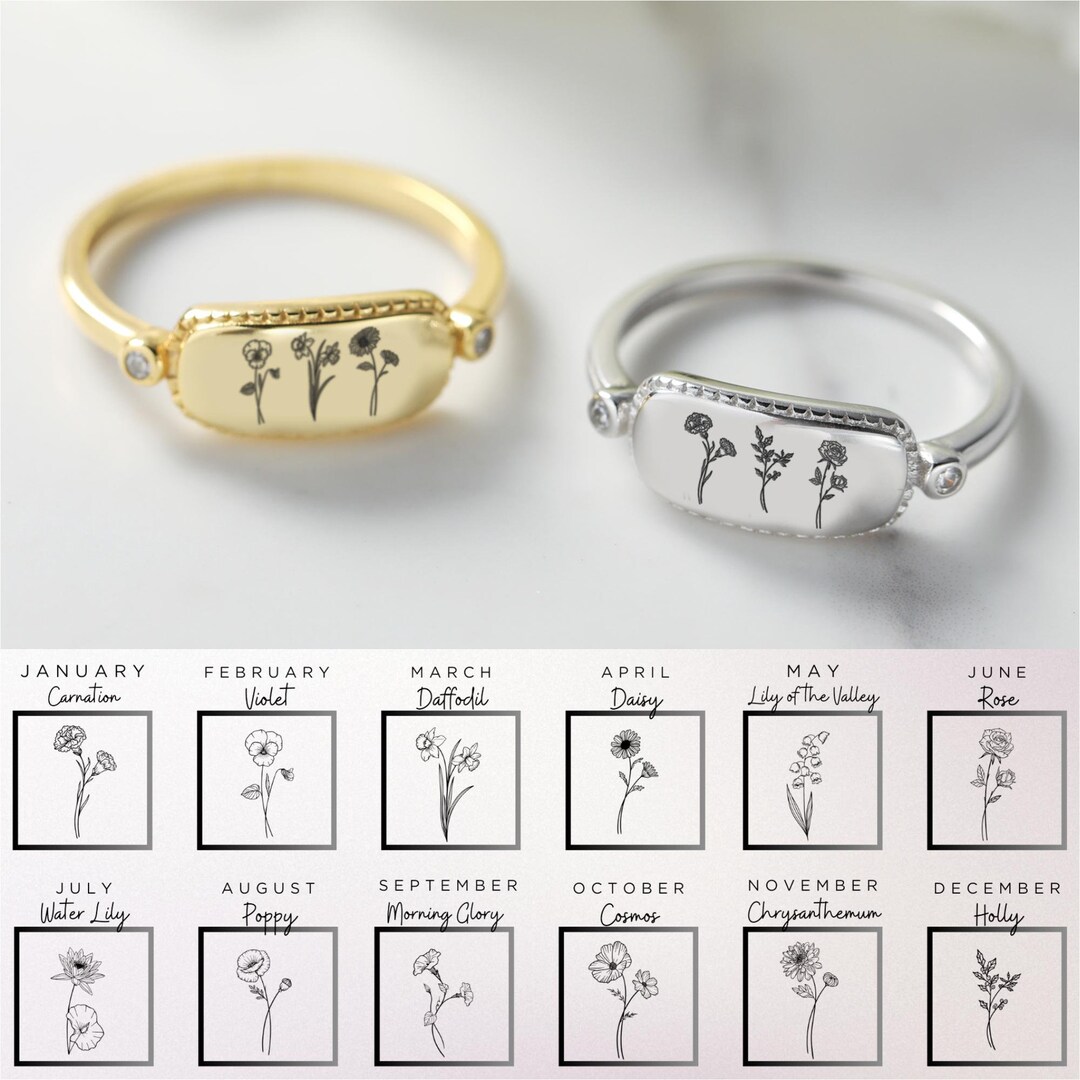 Custom Birth Month Flower Ring, Gift for Women, Handmade Engraved Birth ...