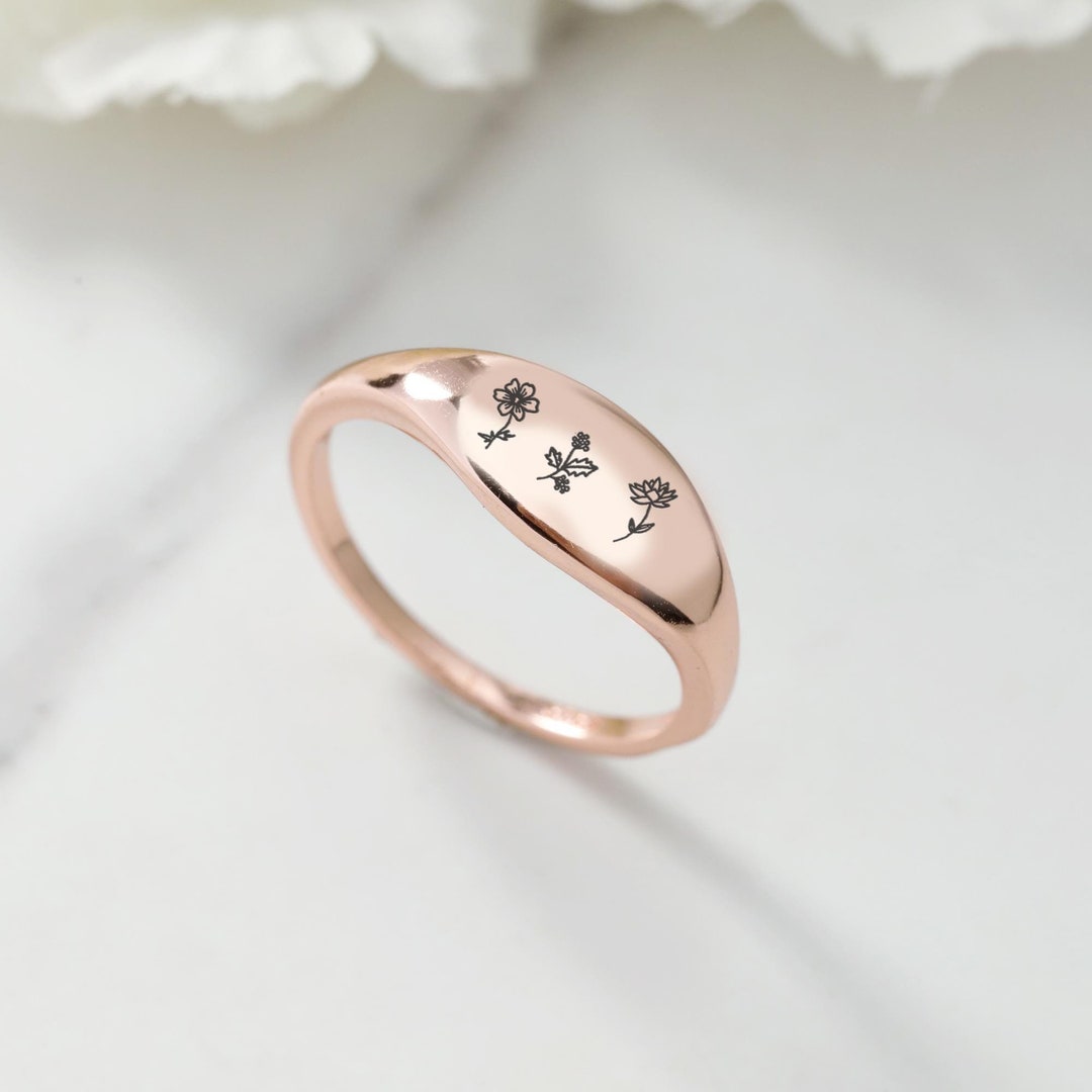 Personalized Birth Month Flower Ring: Engraved Sterling Silver Floral ...