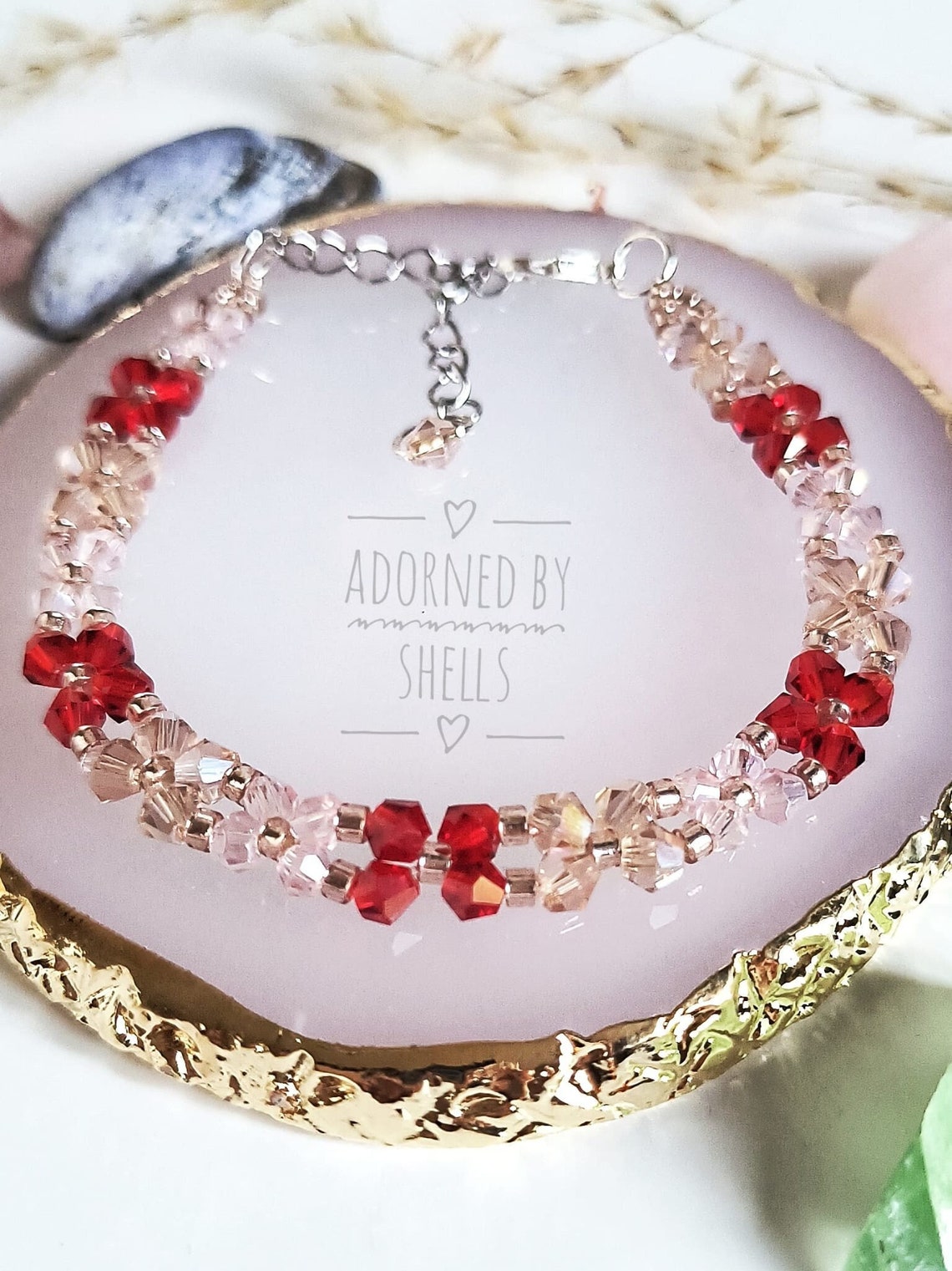 Handmade Red Crystal Beaded Bracelet, Adjustable Stainless Steel - Etsy