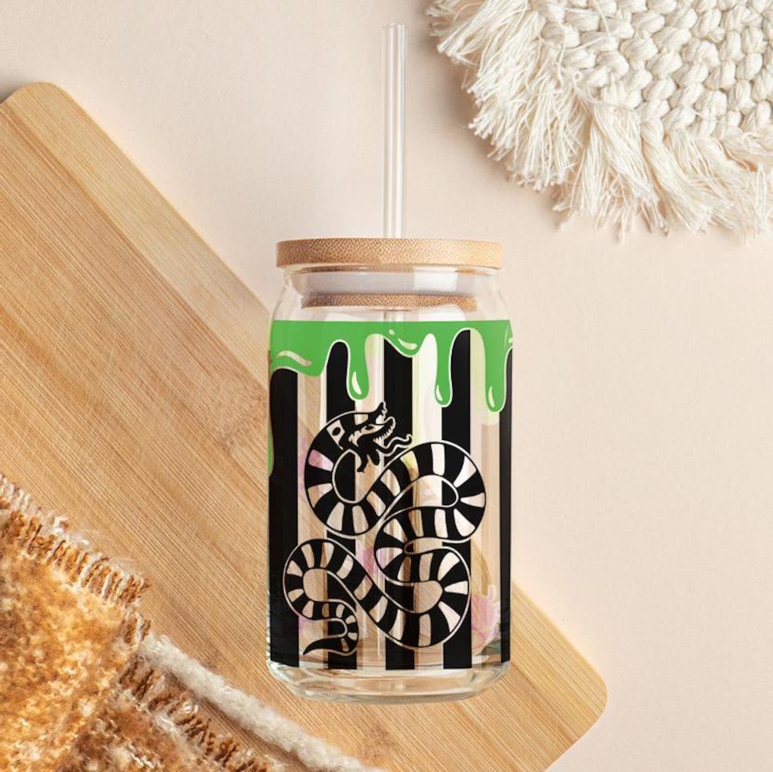 Beetlejuice Tumbler | Sandworm Glass Can With Straw for Halloween ...