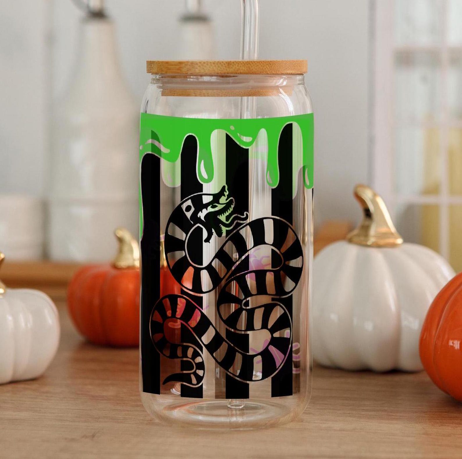 Beetlejuice Tumbler | Sandworm Glass Can With Straw for Halloween ...