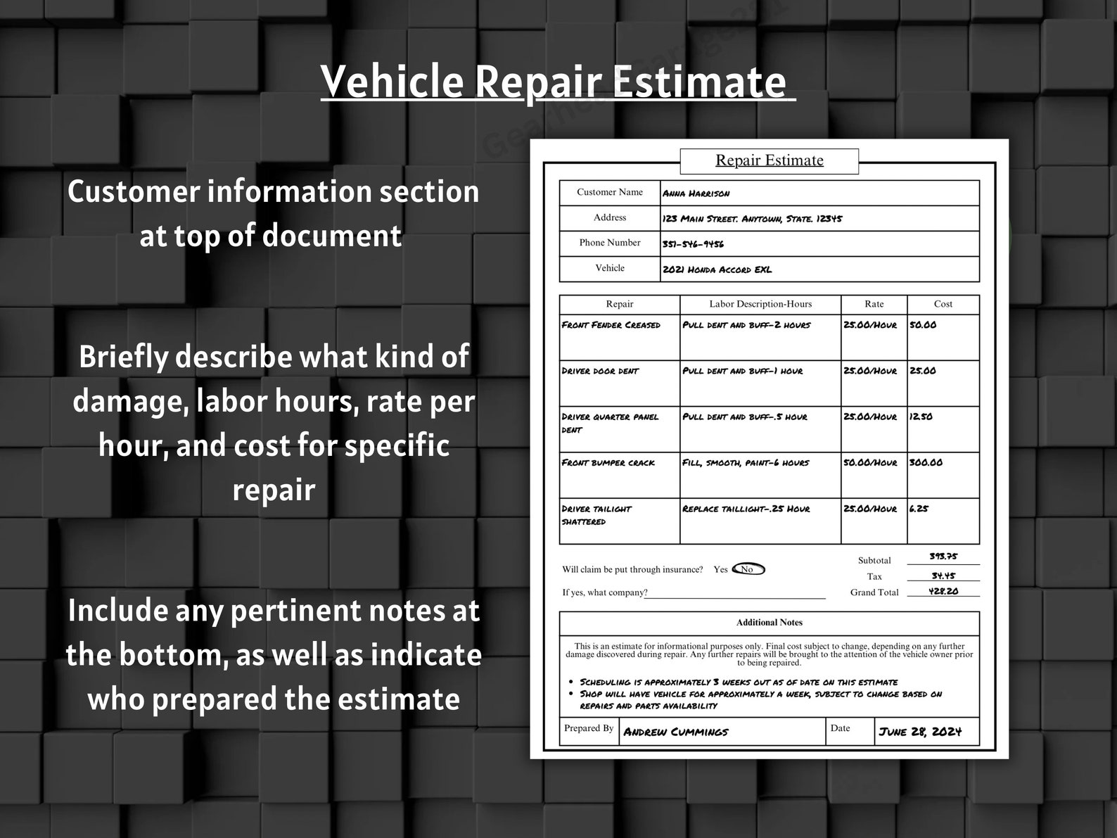 Visual Vehicle Inspection Report, Estimate Template, Repair Estimate ...