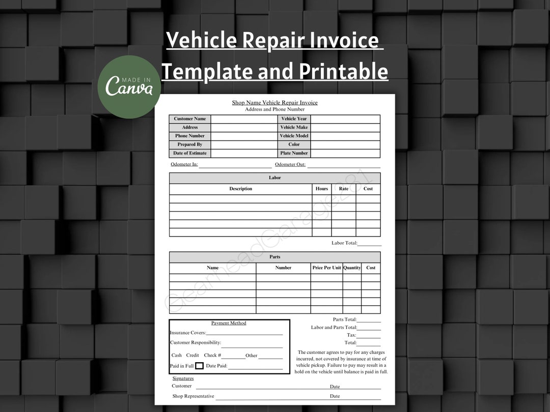 Auto Repair Invoice Template: Vehicle Work Order (canva) - Etsy