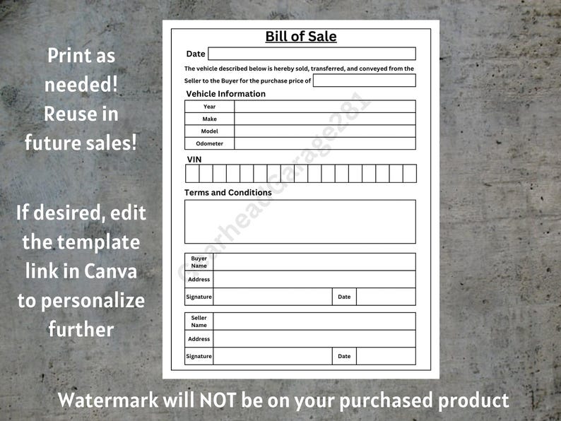 Editable Vehicle Bill of Template, Printable Canva Form (digital ...