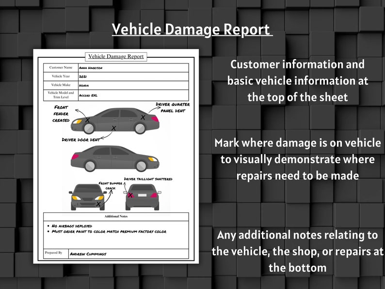 Visual Vehicle Inspection Report, Estimate Template, Repair Estimate ...