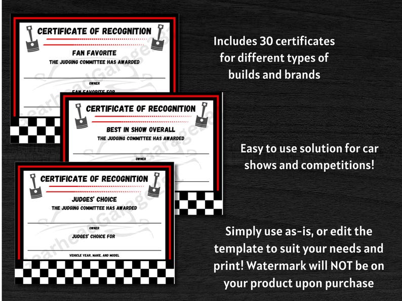 Car Show Award Certificate Template: Customizable Printable (PDF) - Etsy