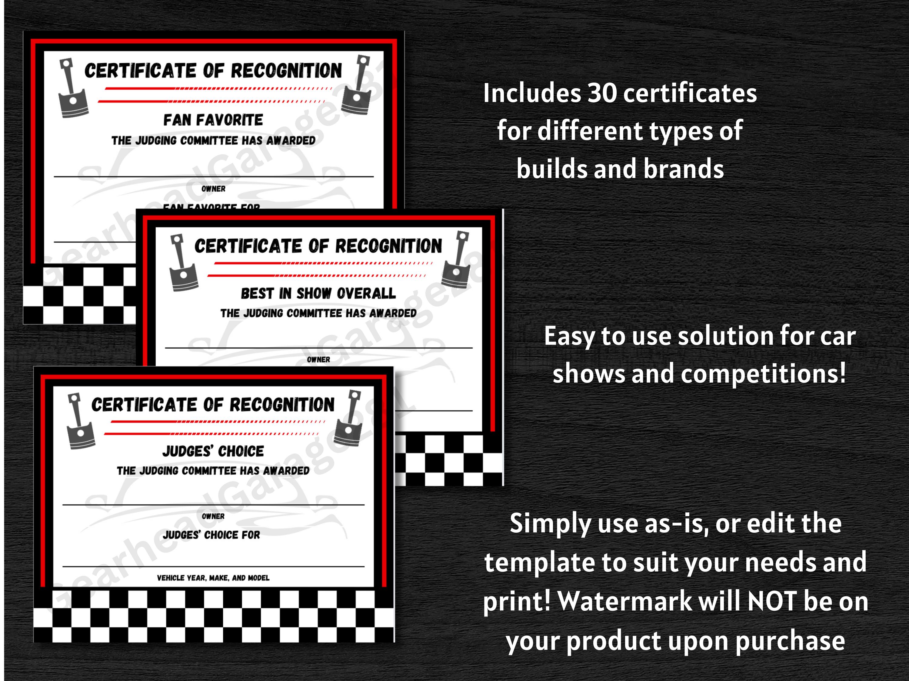 Car Show Award Certificate Template: Customizable Printable (PDF) - Etsy