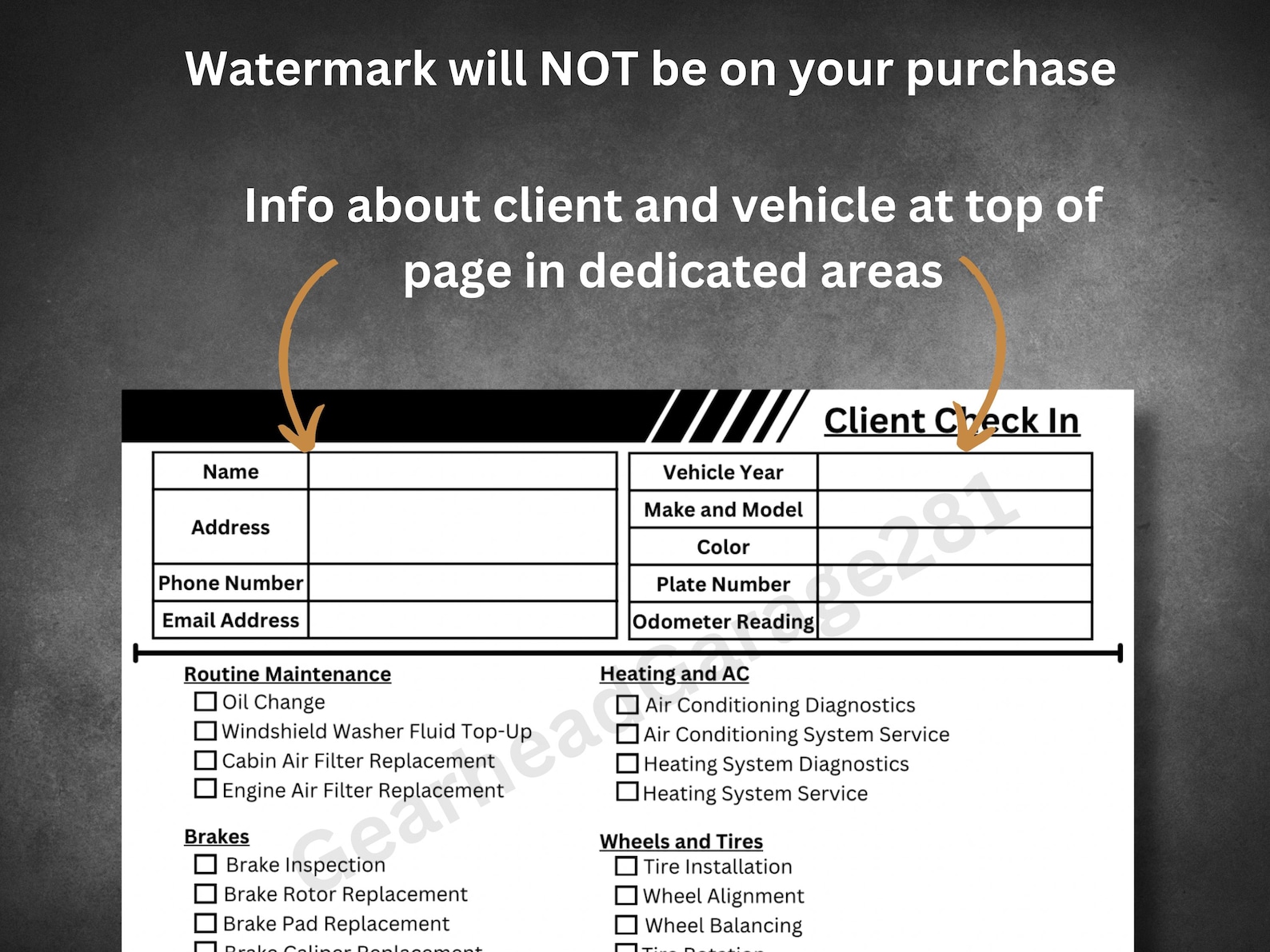 Auto Repair Log Template: Client Intake Form (digital Download) - Etsy