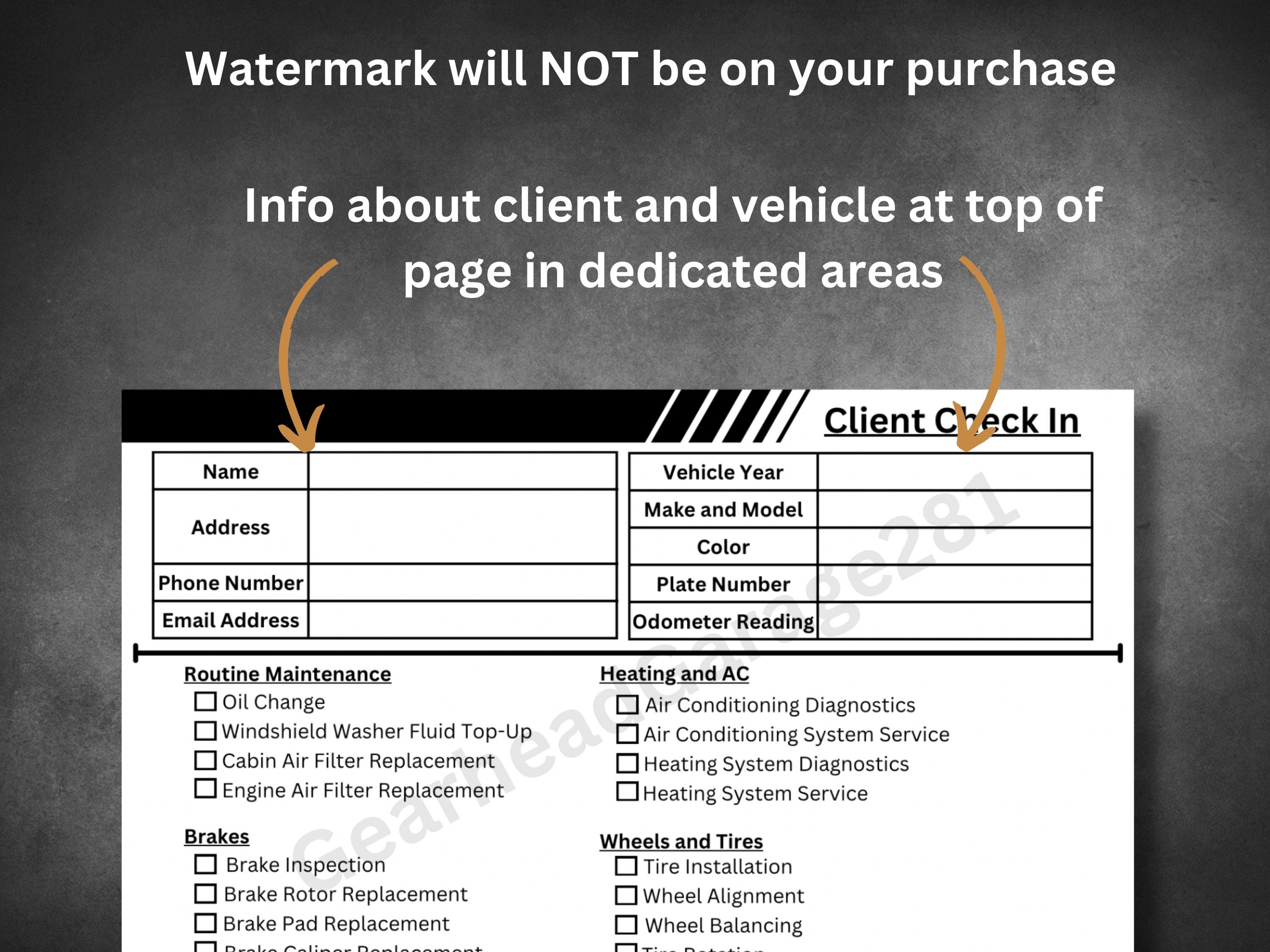 Auto Repair Log Template: Client Intake Form (digital Download) - Etsy
