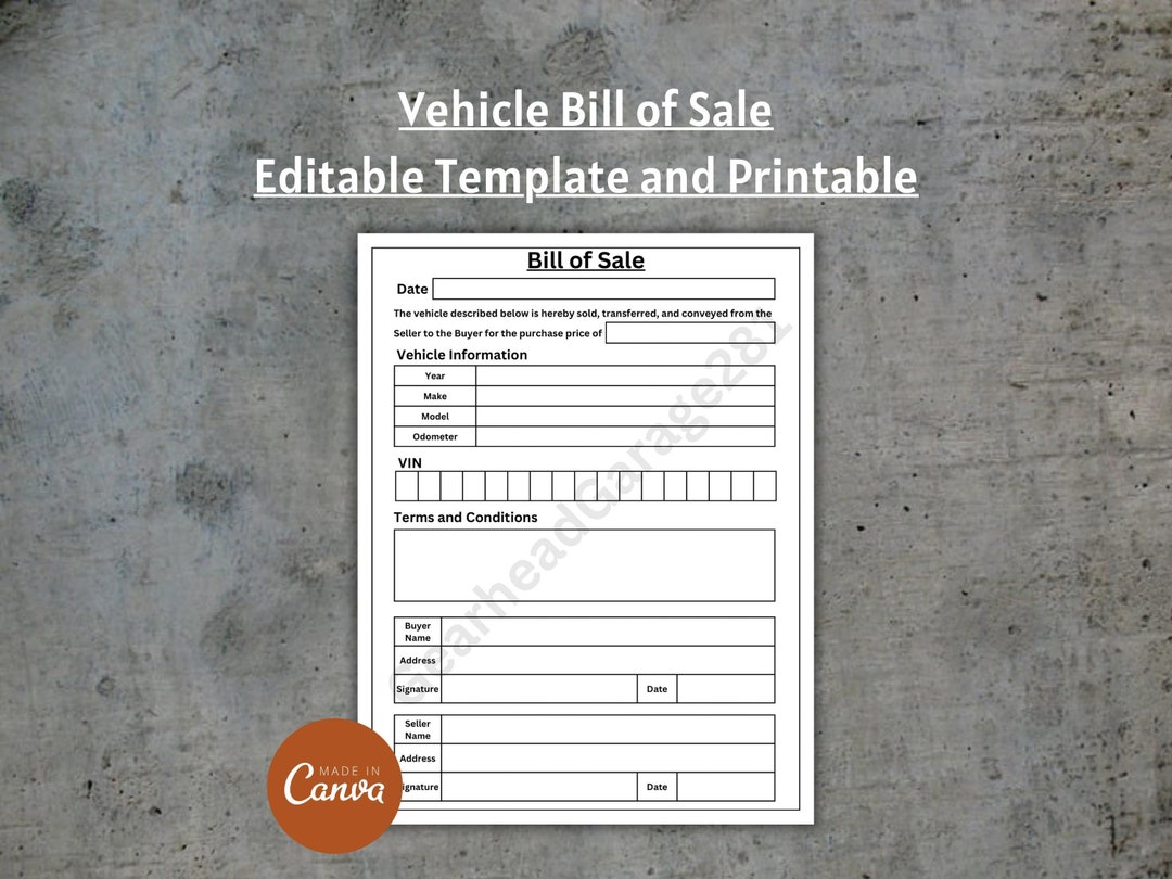 Editable Vehicle Bill of Sale Template (canva, Printable) - Etsy