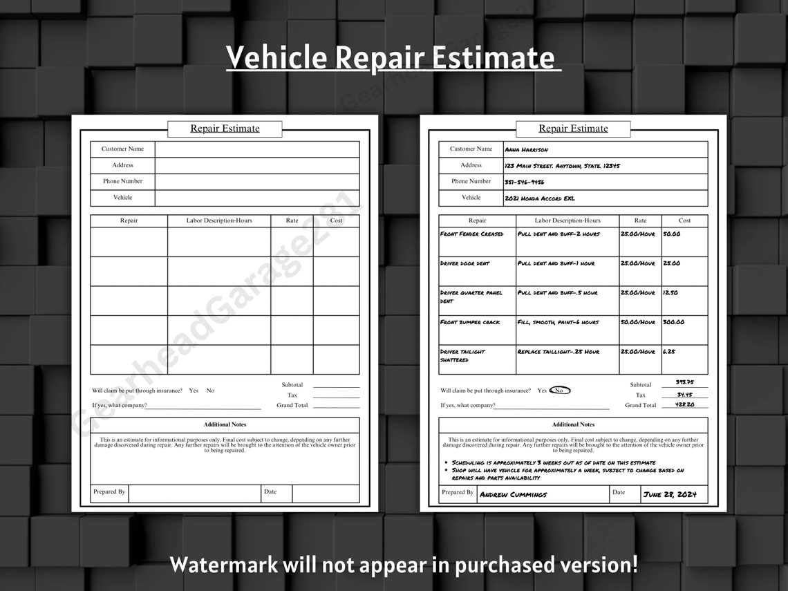 Visual Vehicle Inspection Report, Estimate Template, Repair Estimate ...